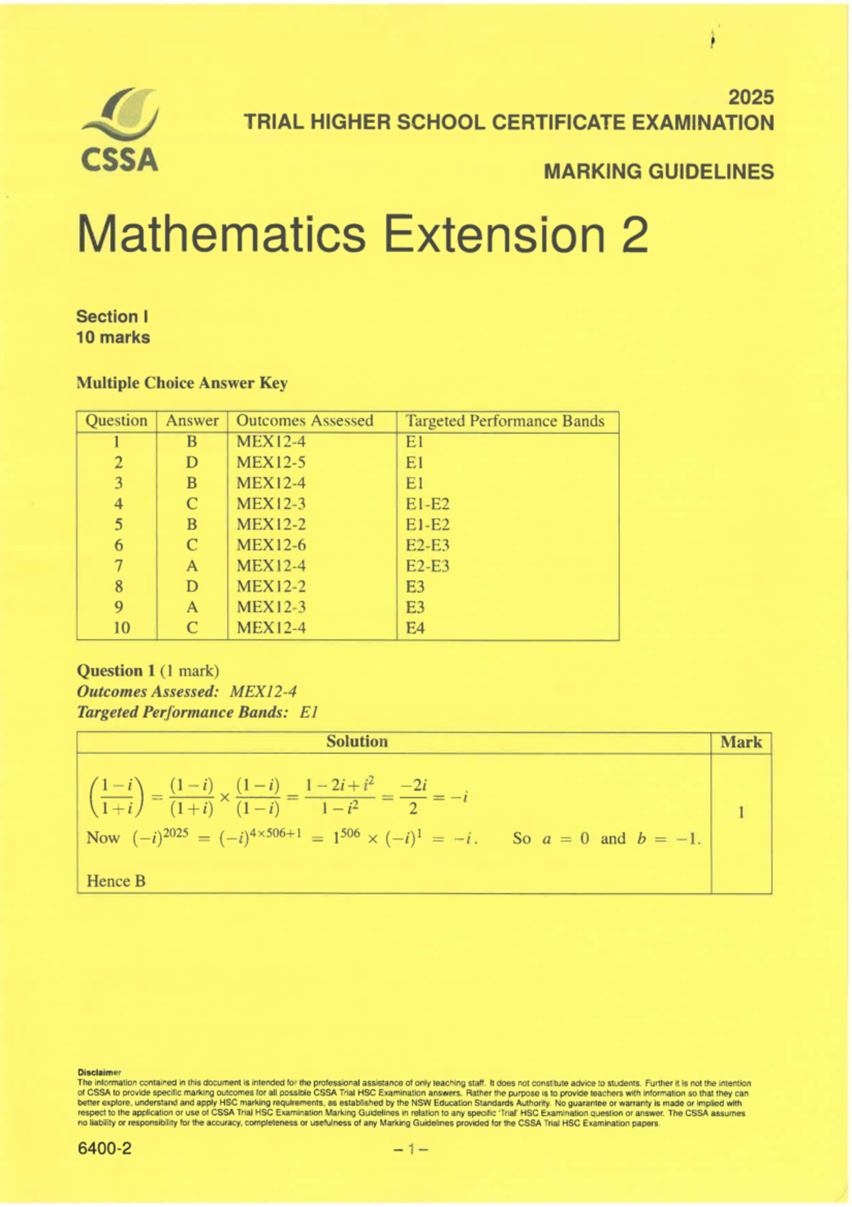 CSSA 2025 Mathematics Extension 2 Trial Exam Marking Guidelines - Studocu