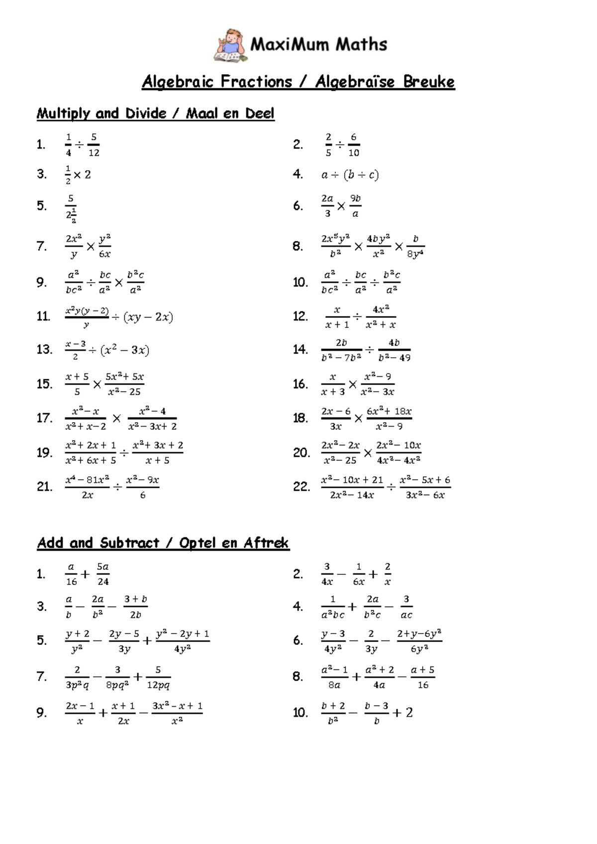 Algebraic Fractions: Multiplication, Division, Addition & Subtraction ...