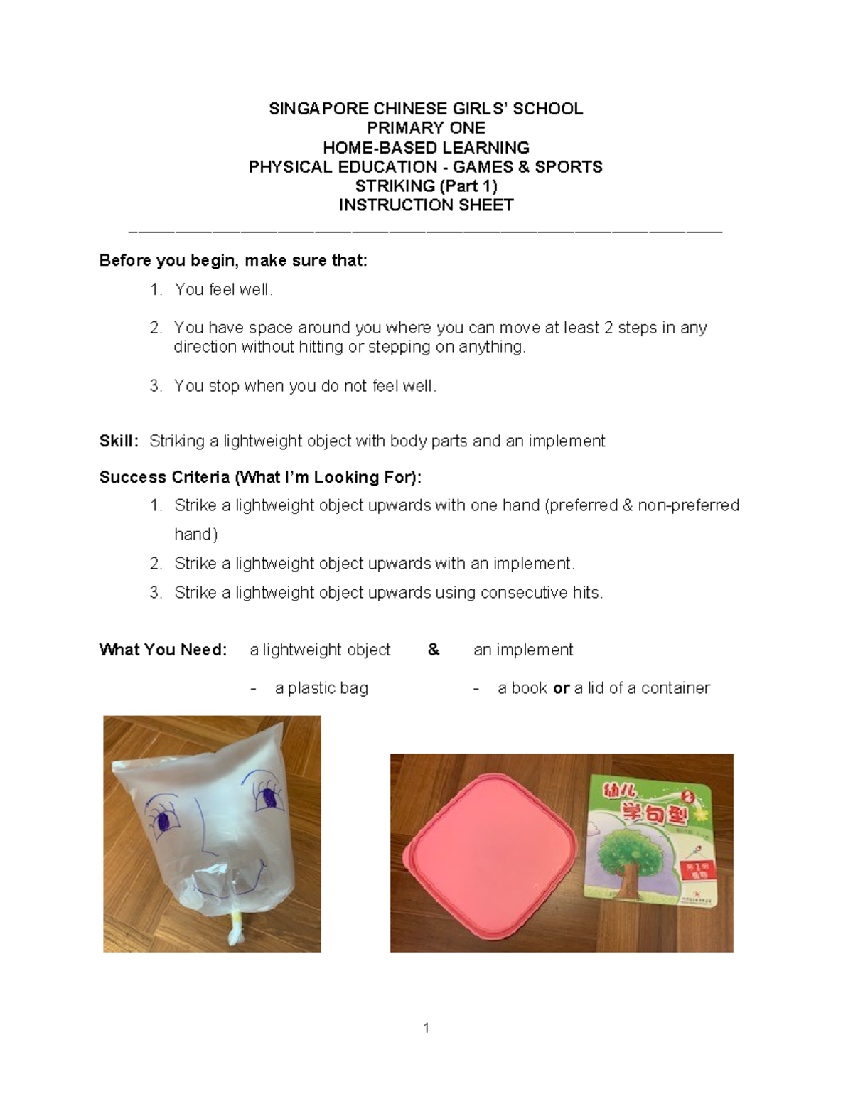 SINGAPORE CHINESE SCHOOL PE GAMES: STRIKING INSTRUCTION SHEET (Part 1 ...