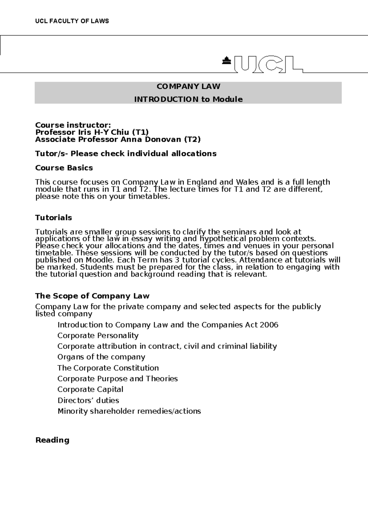 UCL Laws Company Law Module Overview (T1 & T2) - Handout 1 - Studocu
