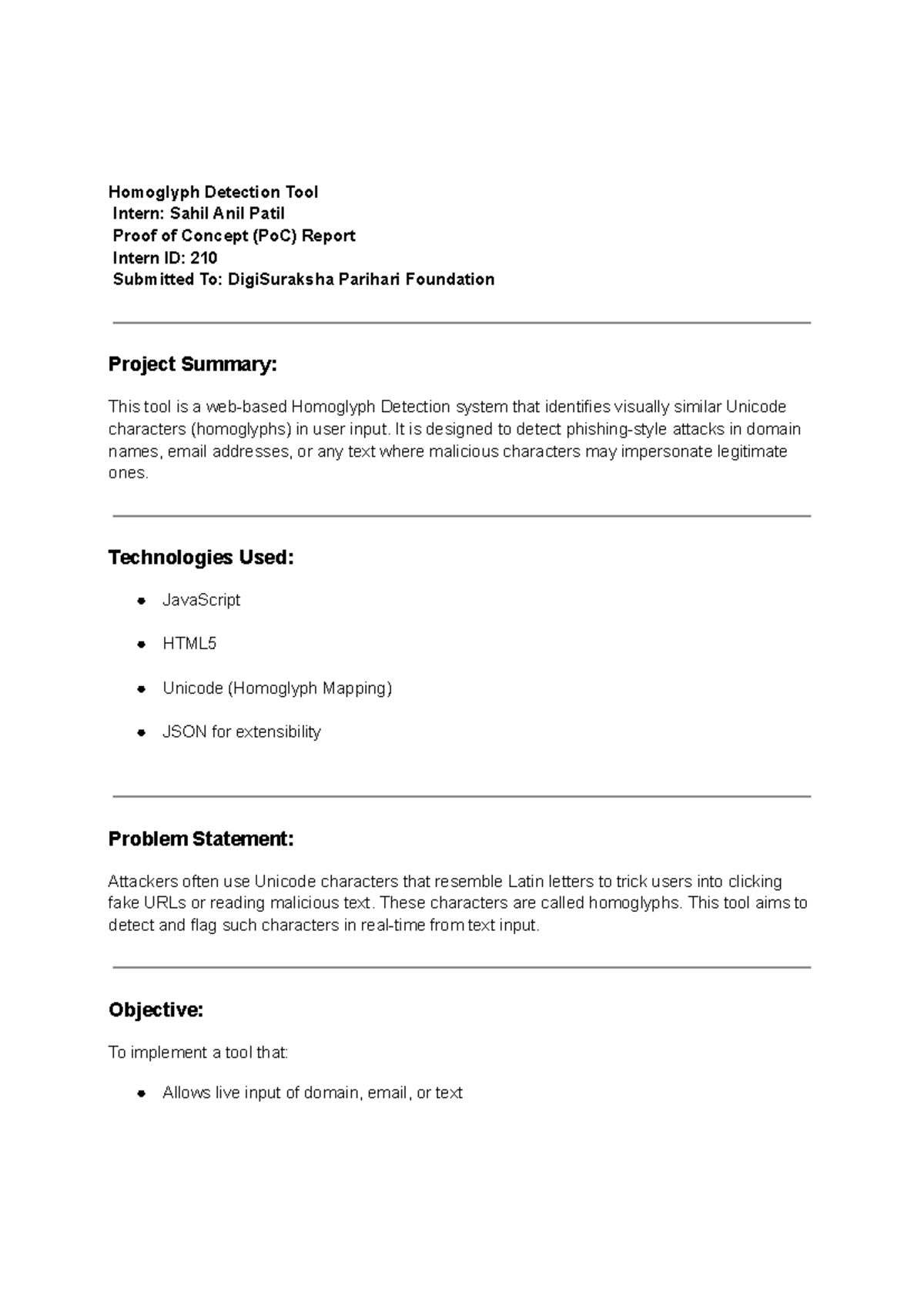 Homoglyph Detection Tool PoC Report - Intern ID 210 - Studocu