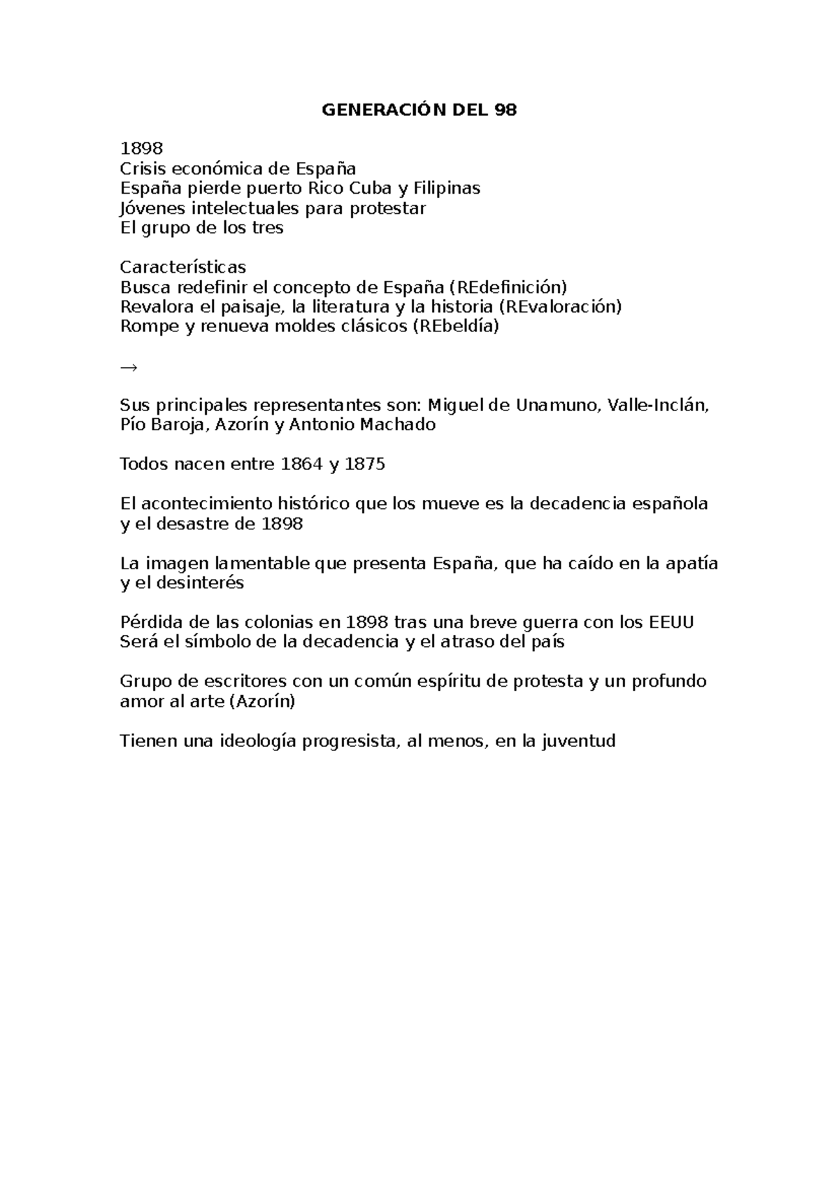 Generación del 98 - Resumen para estudiar - GENERACIÓN DEL 98 1898 ...