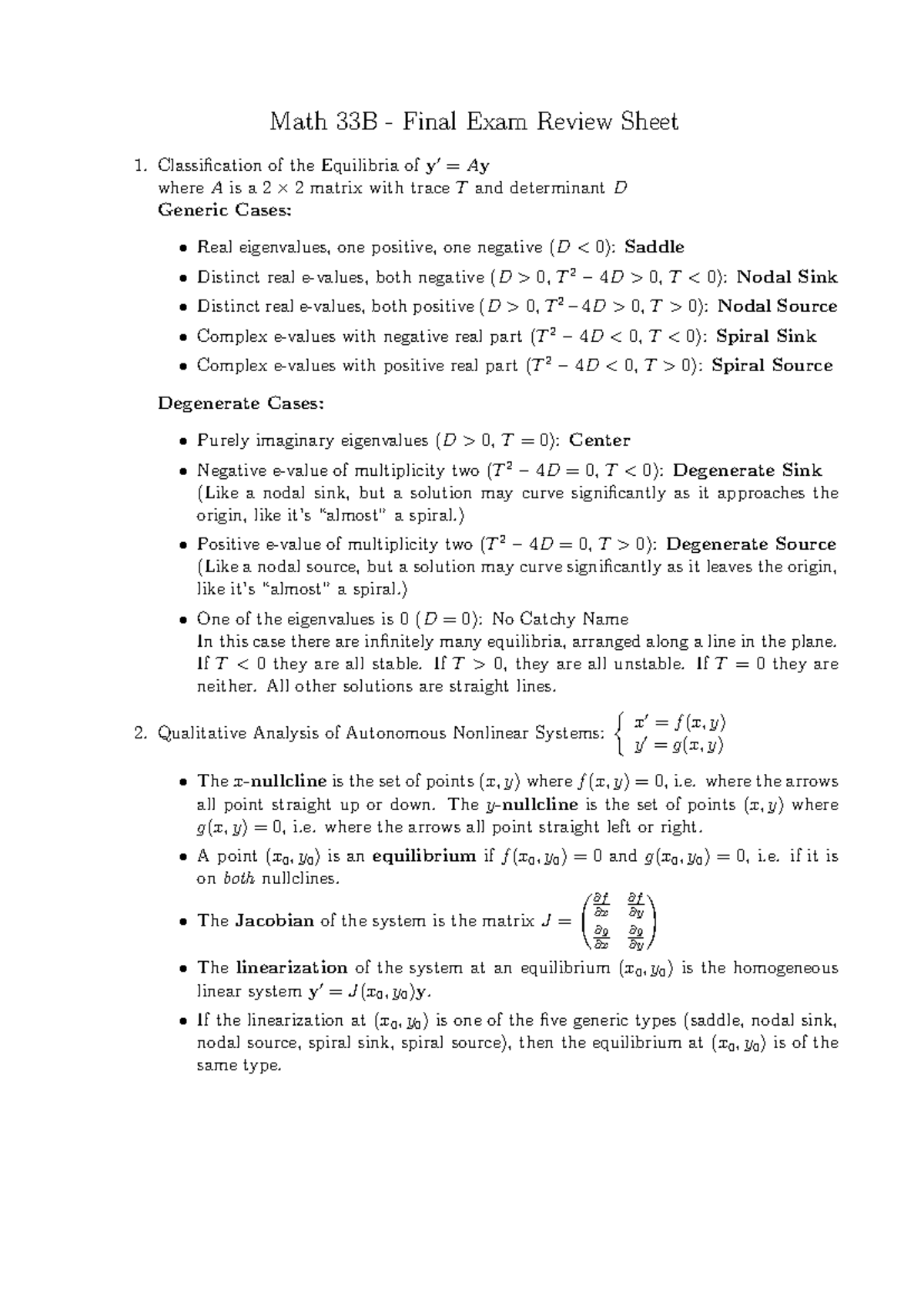 Math 33B Final Exam Review: Equilibria Classification & Analysis - Studocu