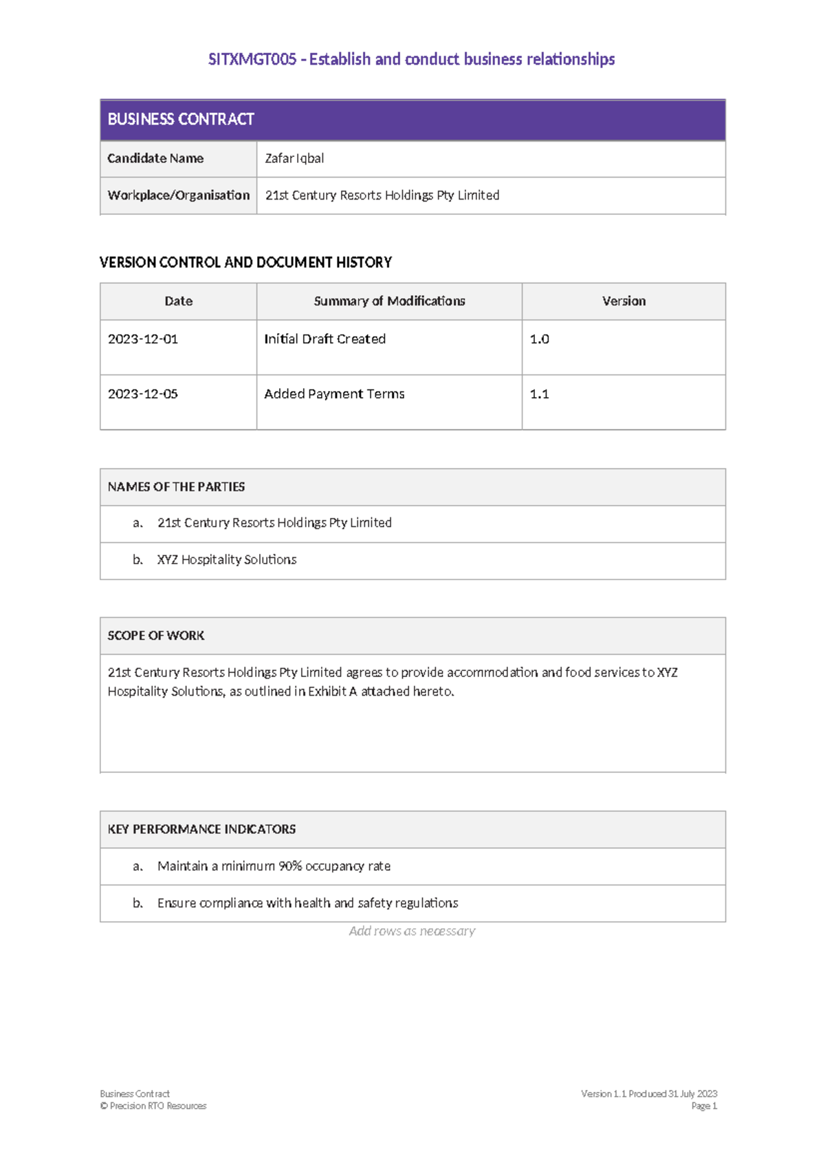 SITXMGT005 Business Contract Draft & Key Terms Overview - Studocu
