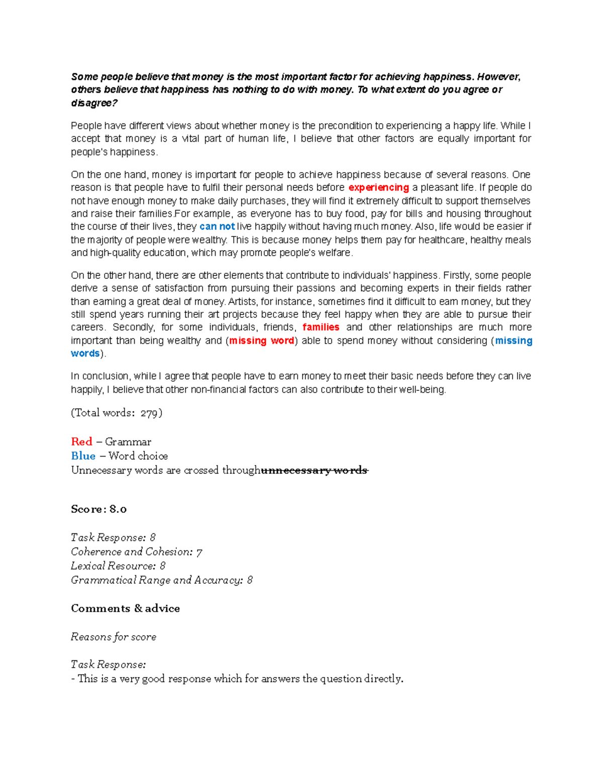 IELTS Writing Task 2: Money vs Happiness - Band 8 Essay - Studocu