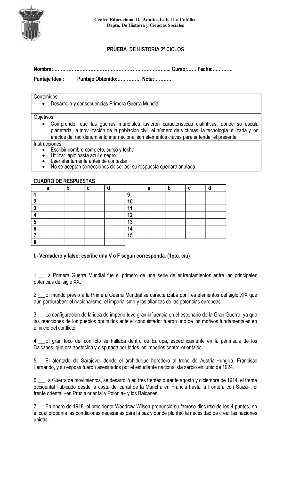 Evaluación 2 Historia 2º Nivel: Prueba sobre la Primera Guerra Mundial ...
