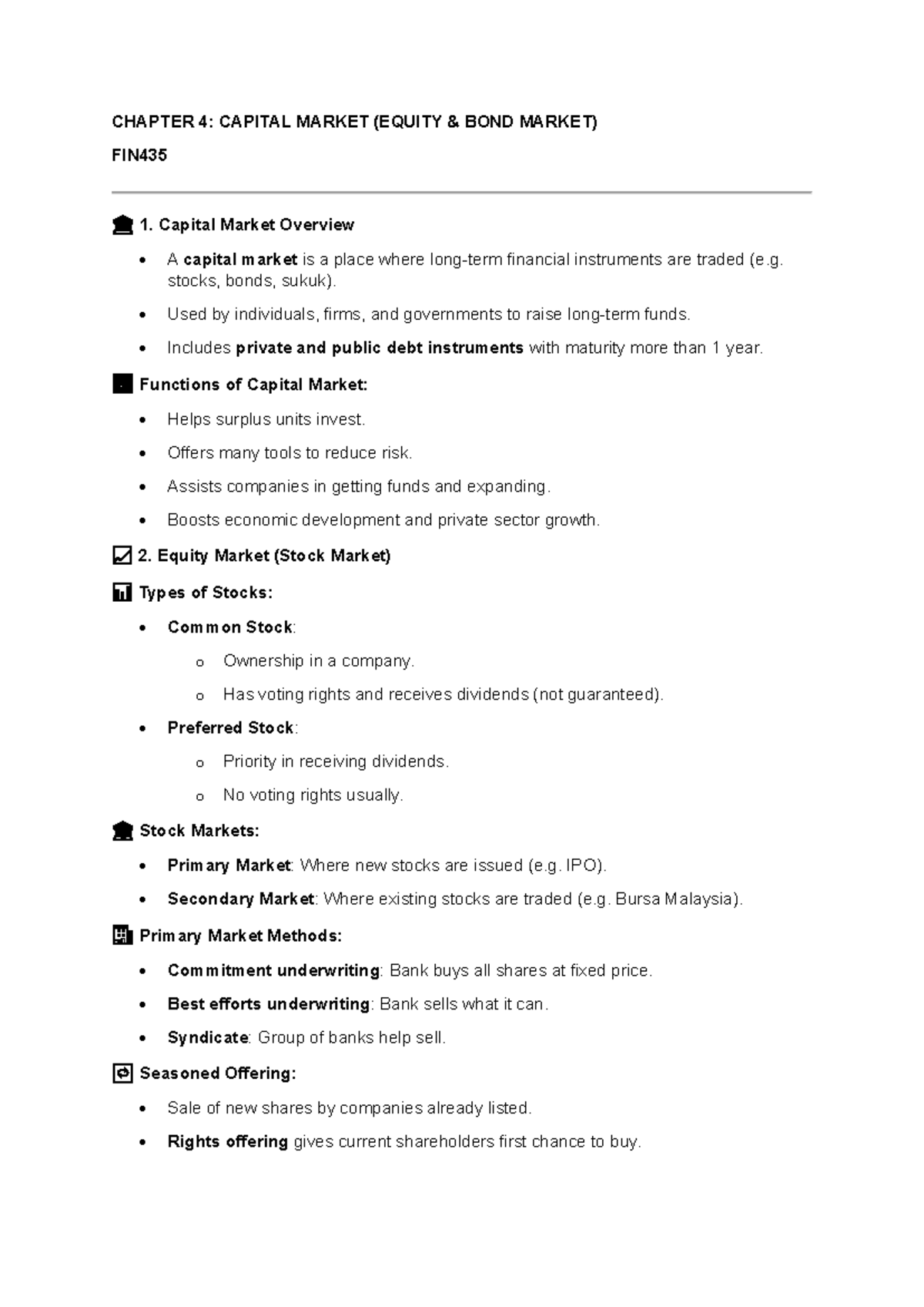 FIN435 CHAPTER 4: CAPITAL MARKET (EQUITY & BOND MARKET) NOTES - Studocu