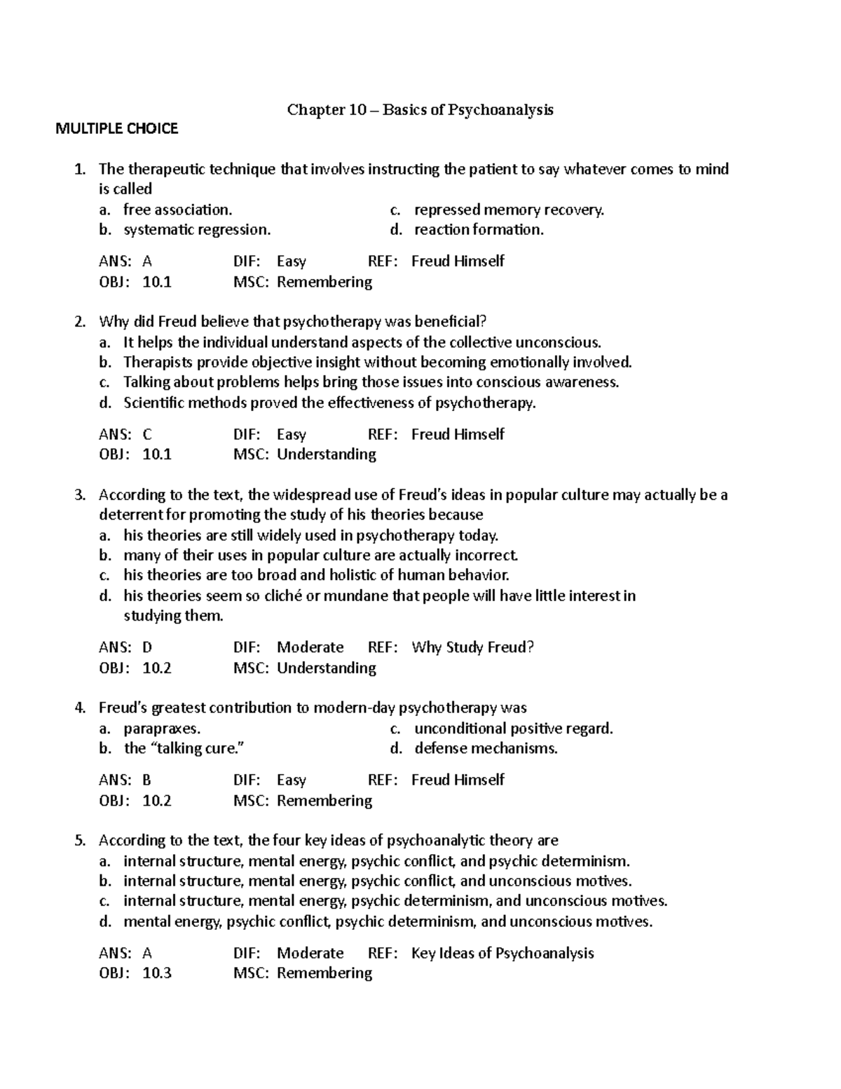 Chapter 10 - Basics of Psychoanalysis - Chapter 10 – Basics of ...