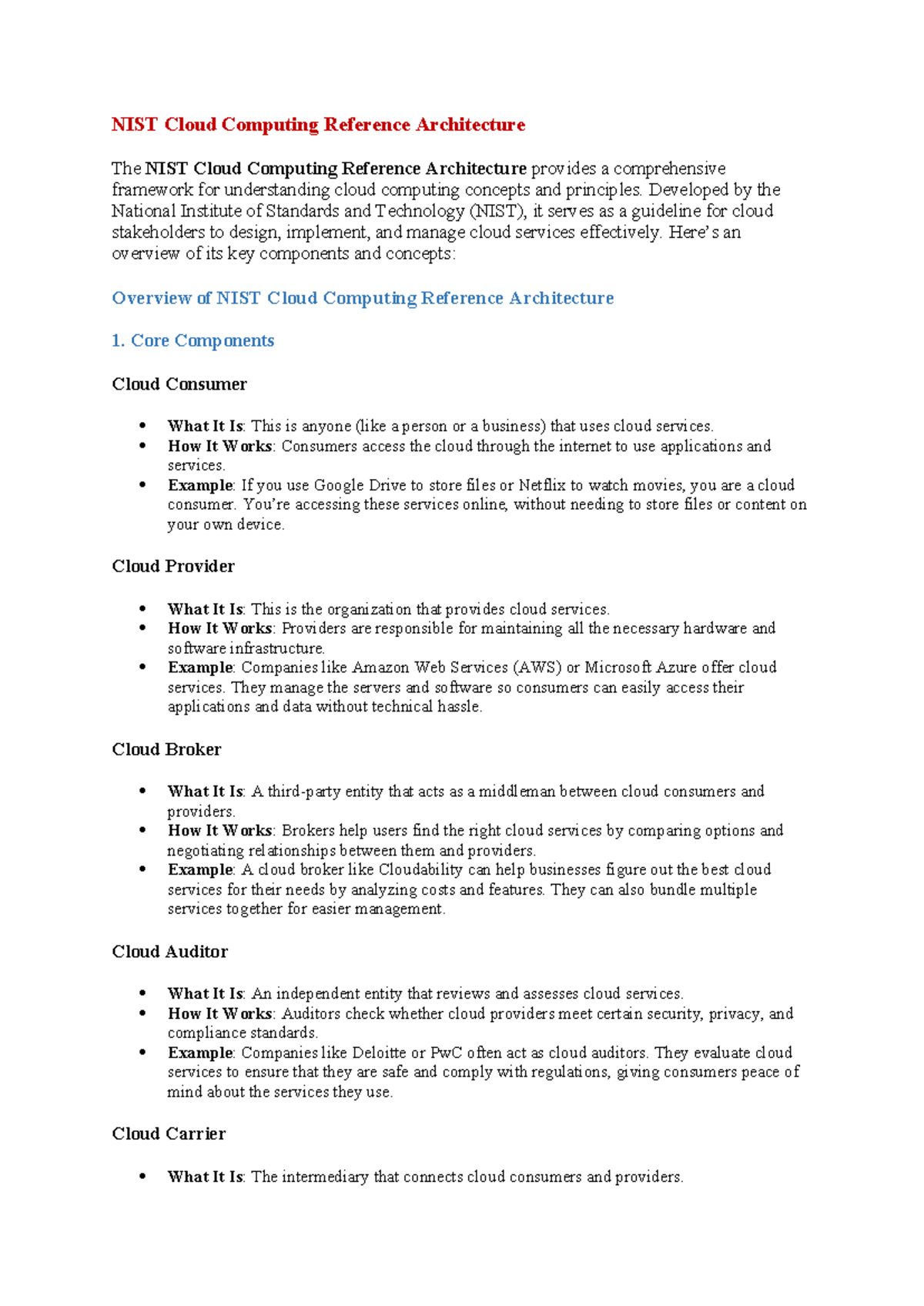 NIST Cloud Computing Reference Architecture Overview and Key Components ...