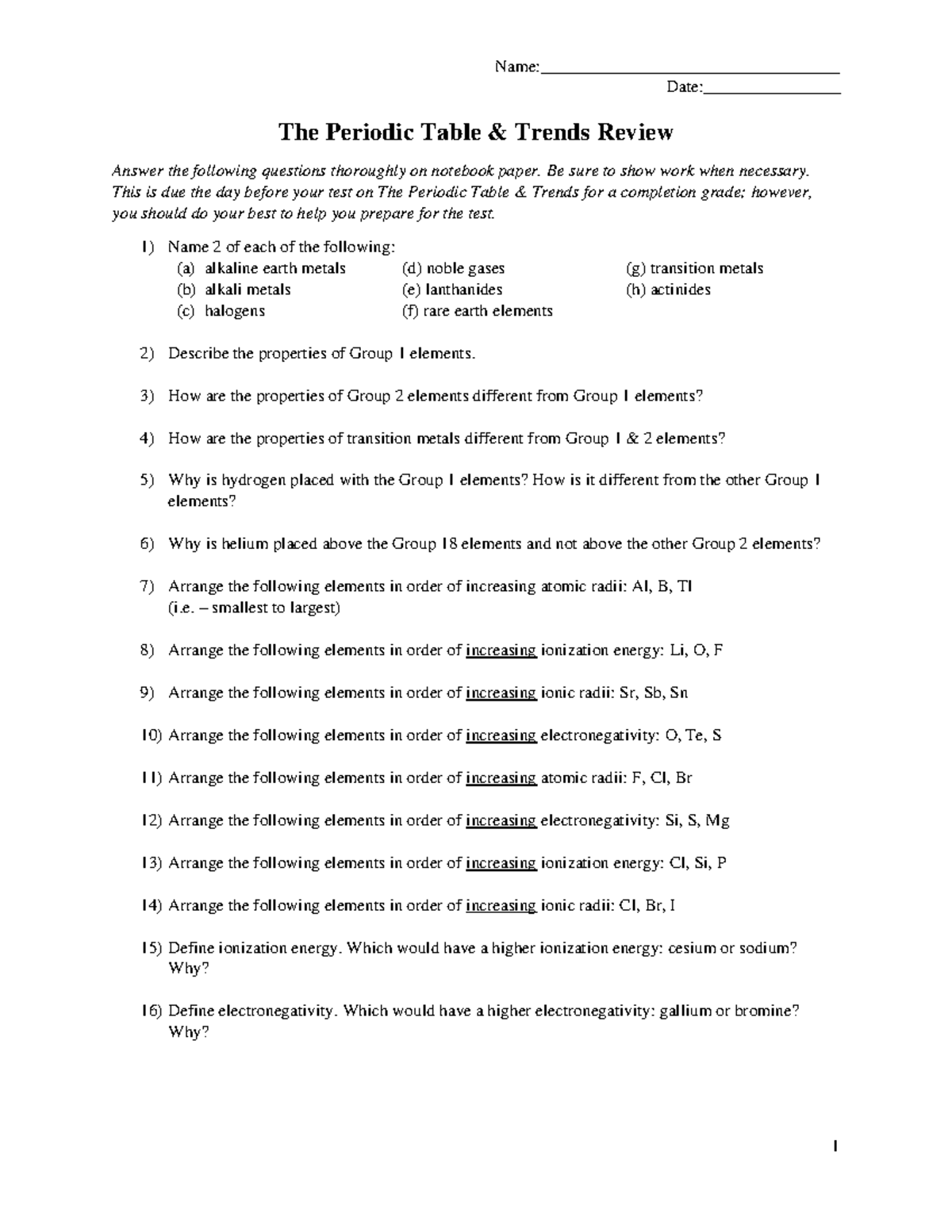 Periodic Table Trends Review Name
