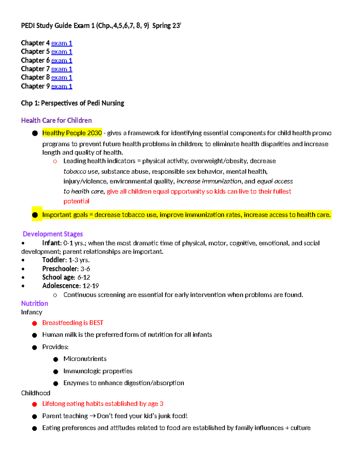 Exam 1 - Study guid for pedi exam 1 - PEDI Study Guide Exam 1 (Chp.,4,5 ...
