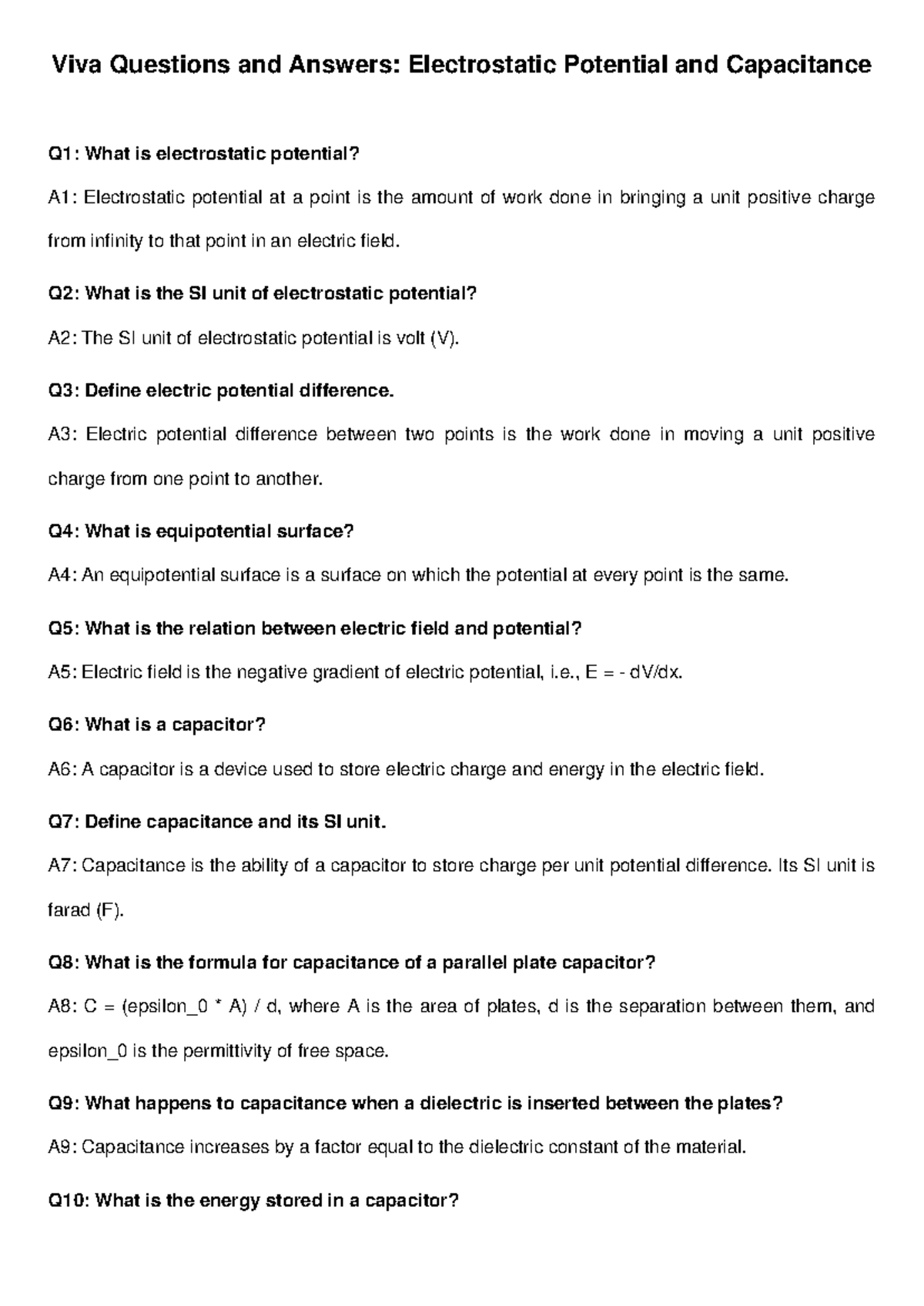 Electrostatics Viva Q&A: Potential & Capacitance Insights - Studocu