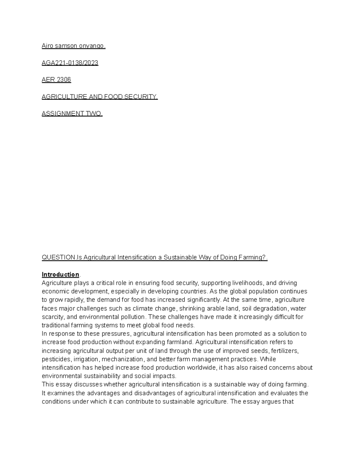 AER 2306 Agriculture & Food Security: Assignment 2 on Agricultural ...