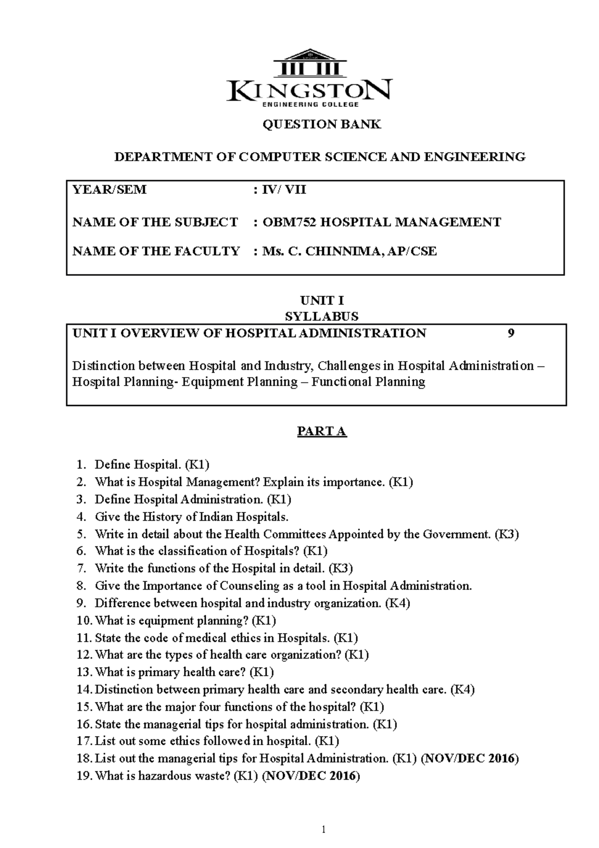 HPM752 Question Bank: Hospital Management Syllabus and Practice ...