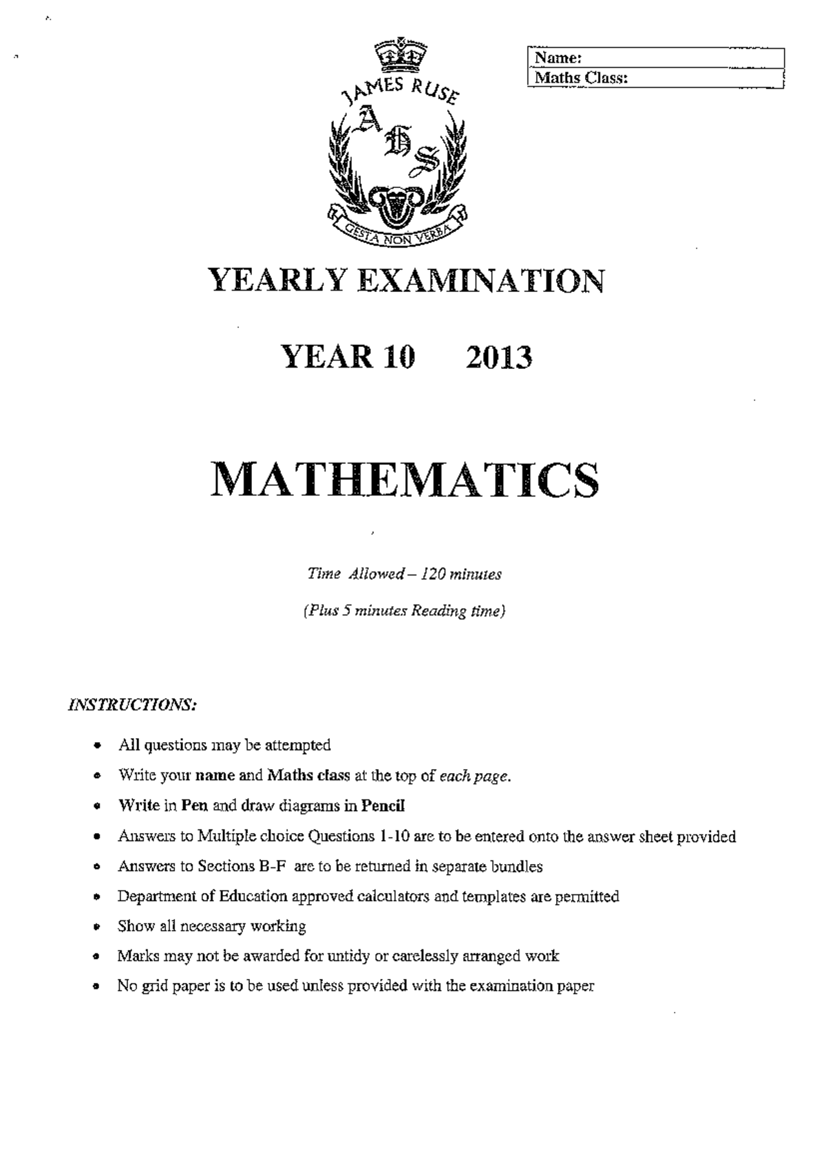 James Ruse 2013 Year 10 Maths Yearly & Solutions 240825 131050 - Name ...