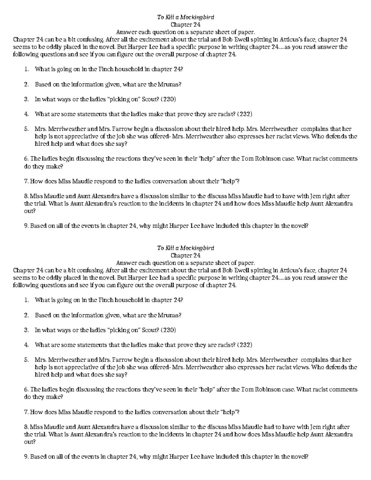 To Kill a Mockingbird: Ch-24 Questions & Answers Guide - Studocu