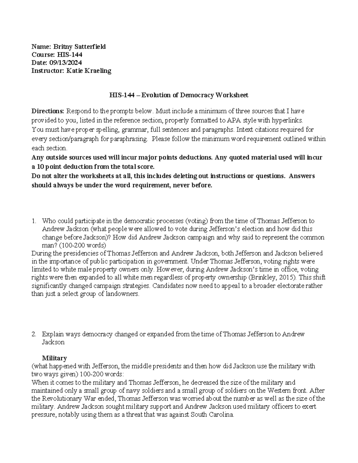 HIS-144 Final Exam: Democracy Evolution from Jefferson to Jackson - Studocu