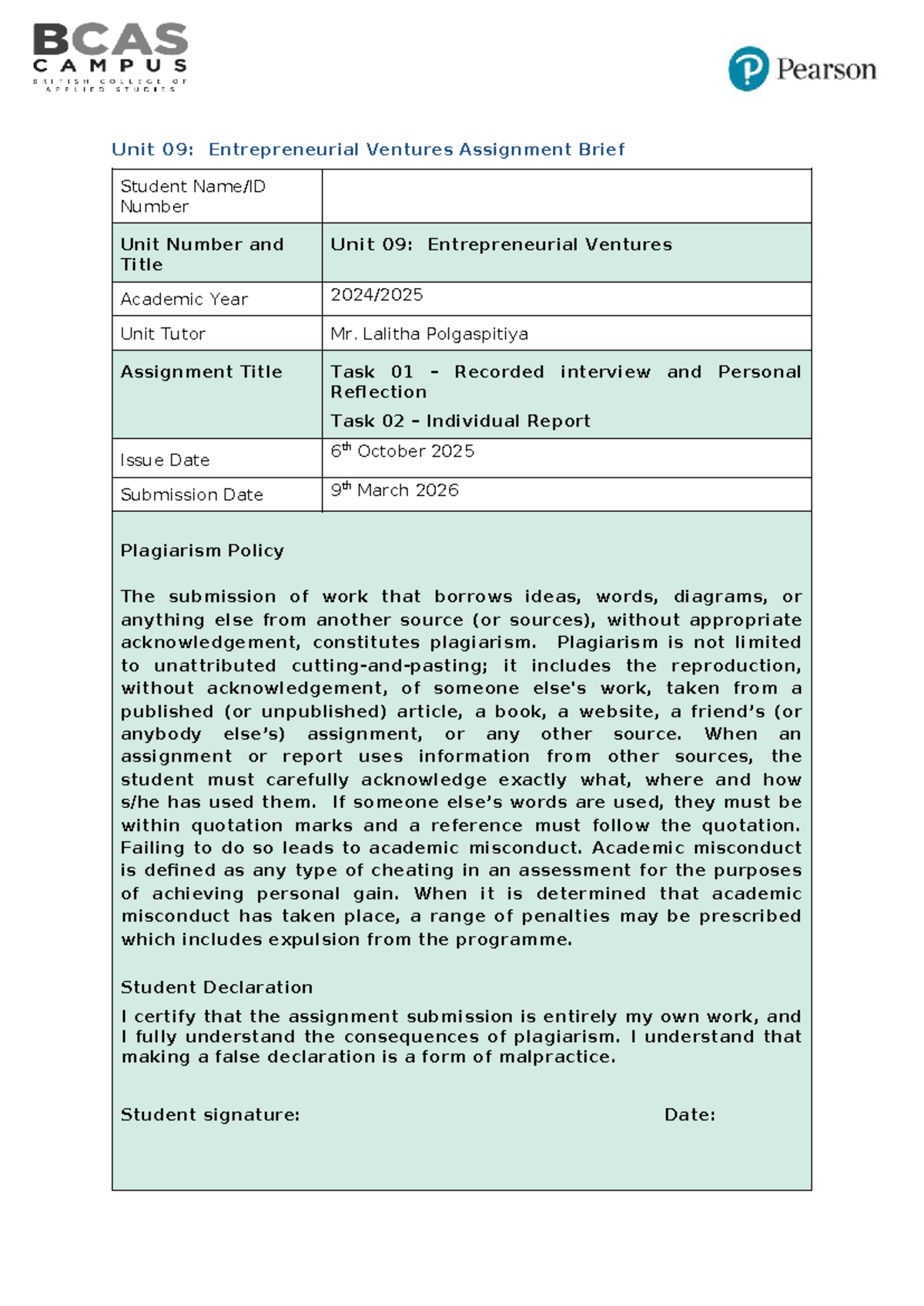 Unit 09: Entrepreneurial Ventures Assignment Brief & Tasks - Studocu