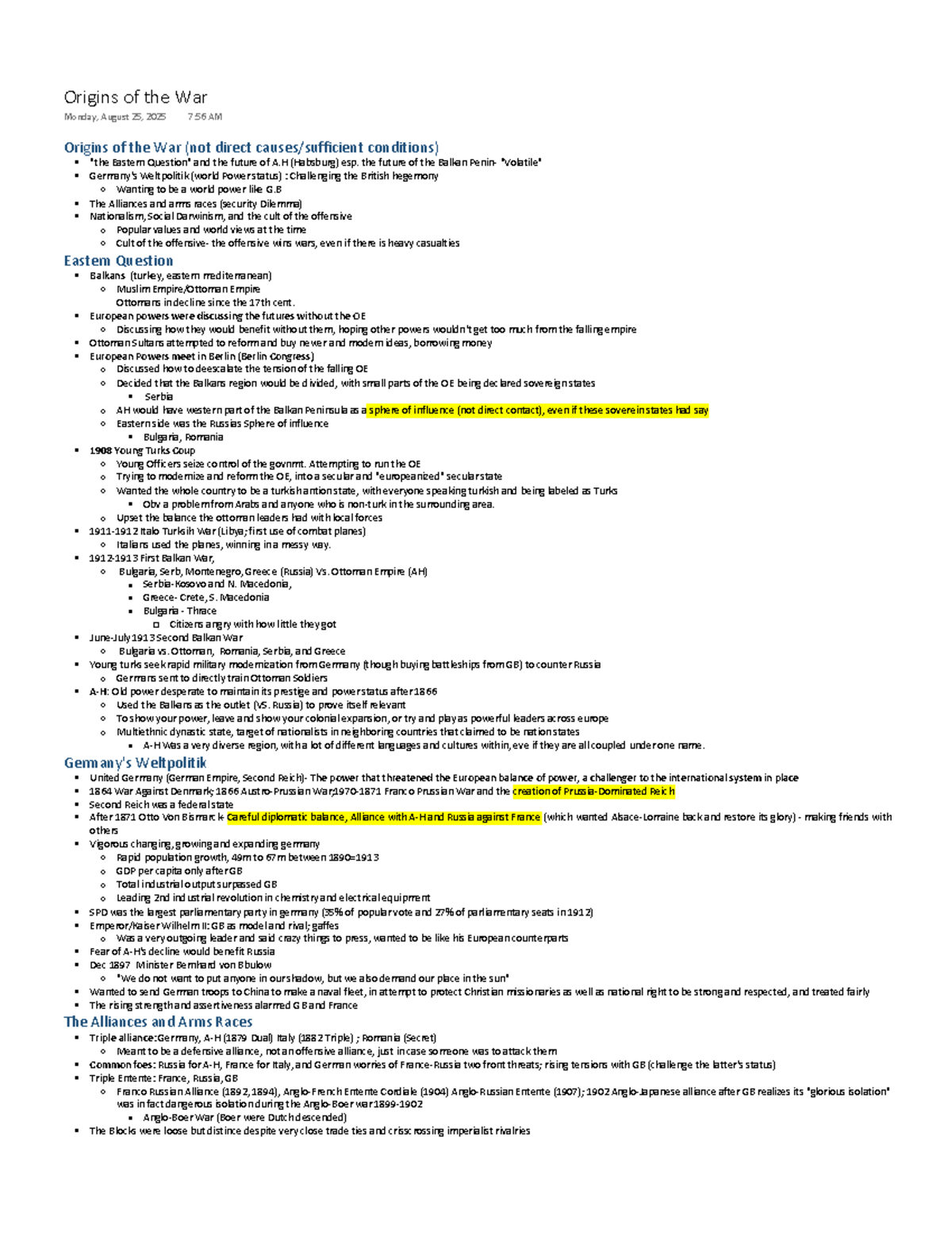 Origins of World War I: Alliances, Nationalism, and the Balkans - Studocu