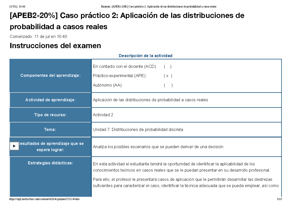 Examen [APEB 2-20%] Caso práctico 2 Aplicación de las distribuciones de probabilidad a casos ...