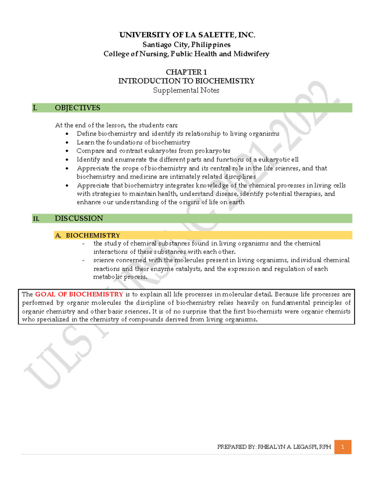 Chapter 1 Introduction to Biochemistry Supplemental Notes - UNIVERSITY ...