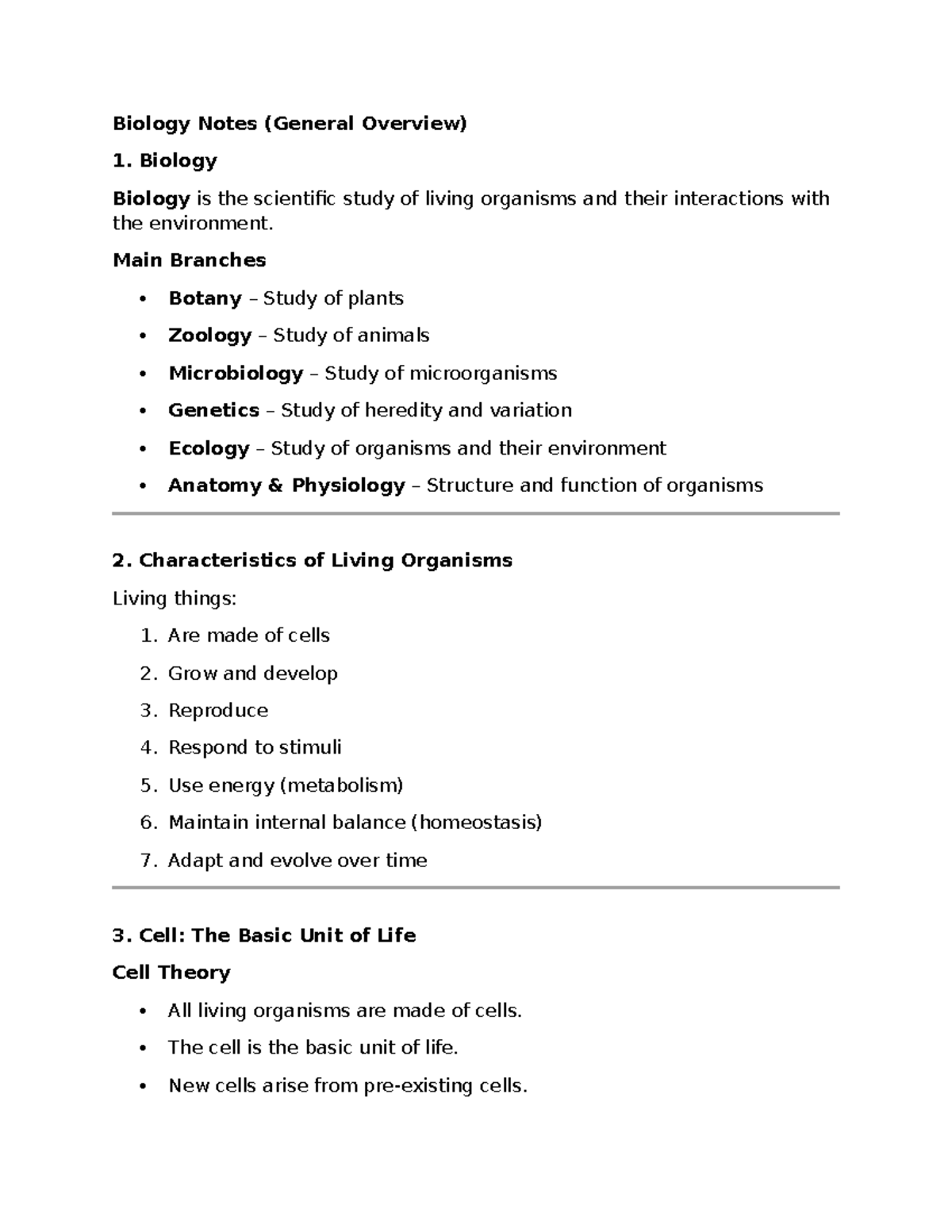 Biology Notes (General Overview) - Key Concepts & Definitions - Studocu