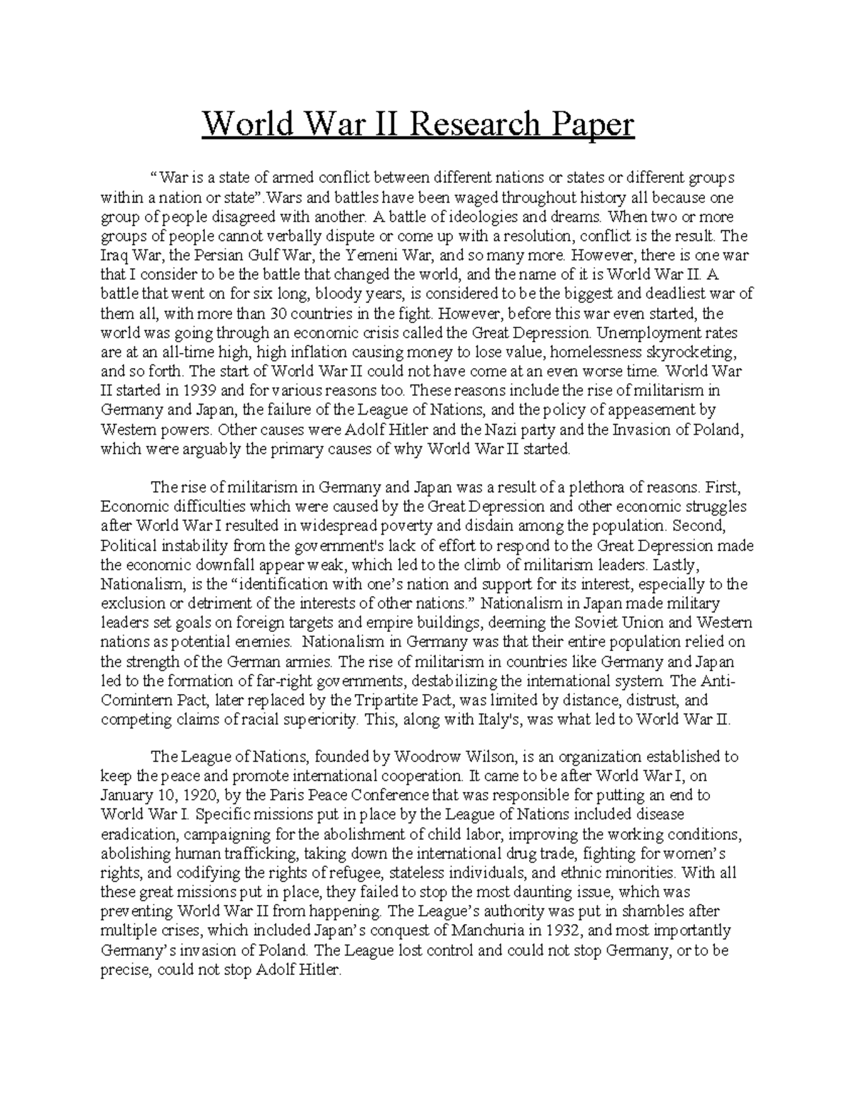 Research paper - World War II Research Paper “War is a state of armed ...