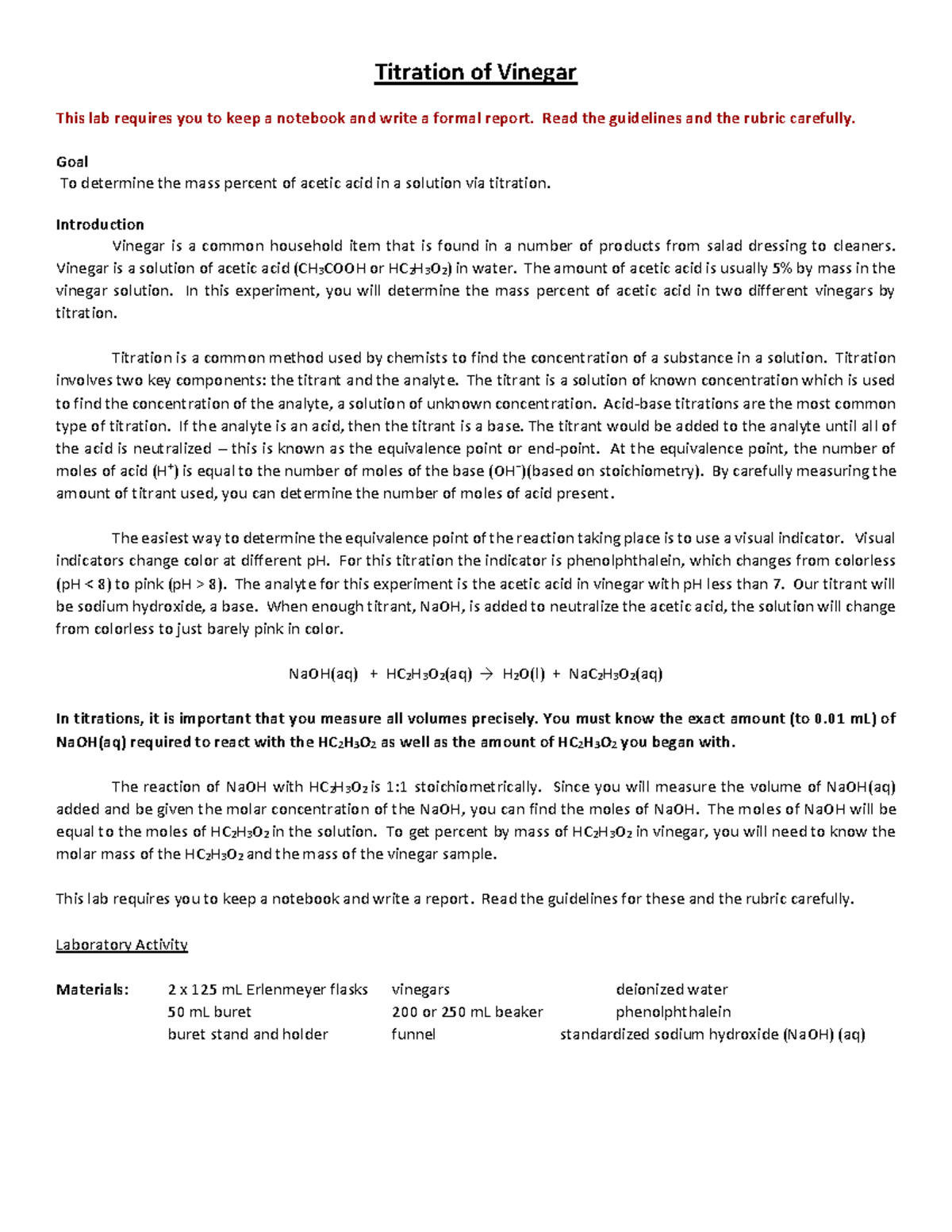 CHM111 - Lab Report on Titration of Vinegar Experiment - Studocu
