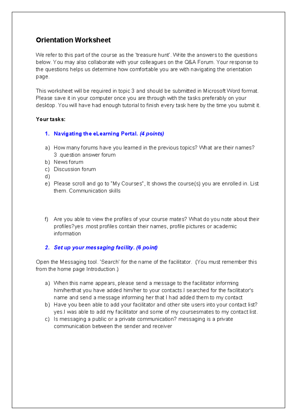 Orientation Worksheet for eLearning Navigation Tasks - Studocu