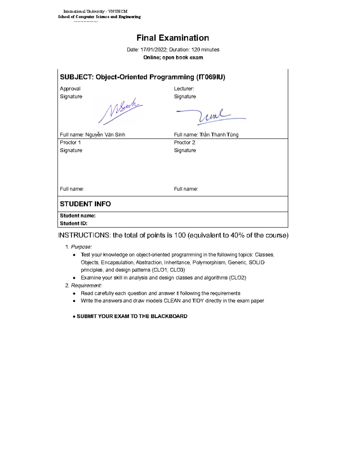 Final Exam - Object-Oriented Programming (IT069IU) - Semester 2, 2022 - Studocu