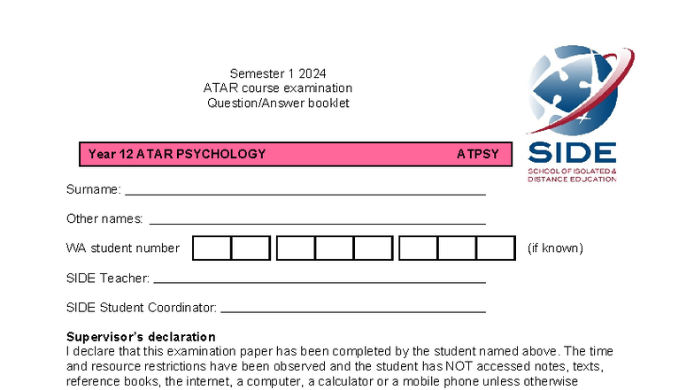 Semester 1 2024 Year 12 ATAR Psychology Exam Booklet 12PSY - Studocu