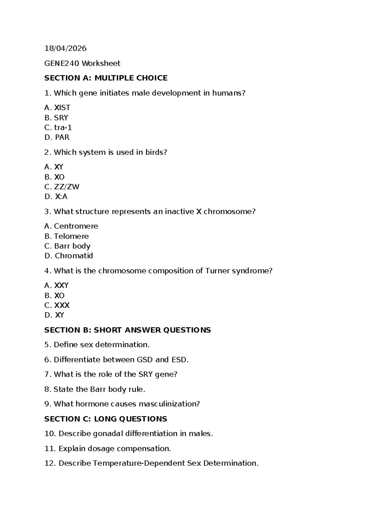 GENE240 Sex Determination Worksheet: MCQs & Short Answers - Studocu