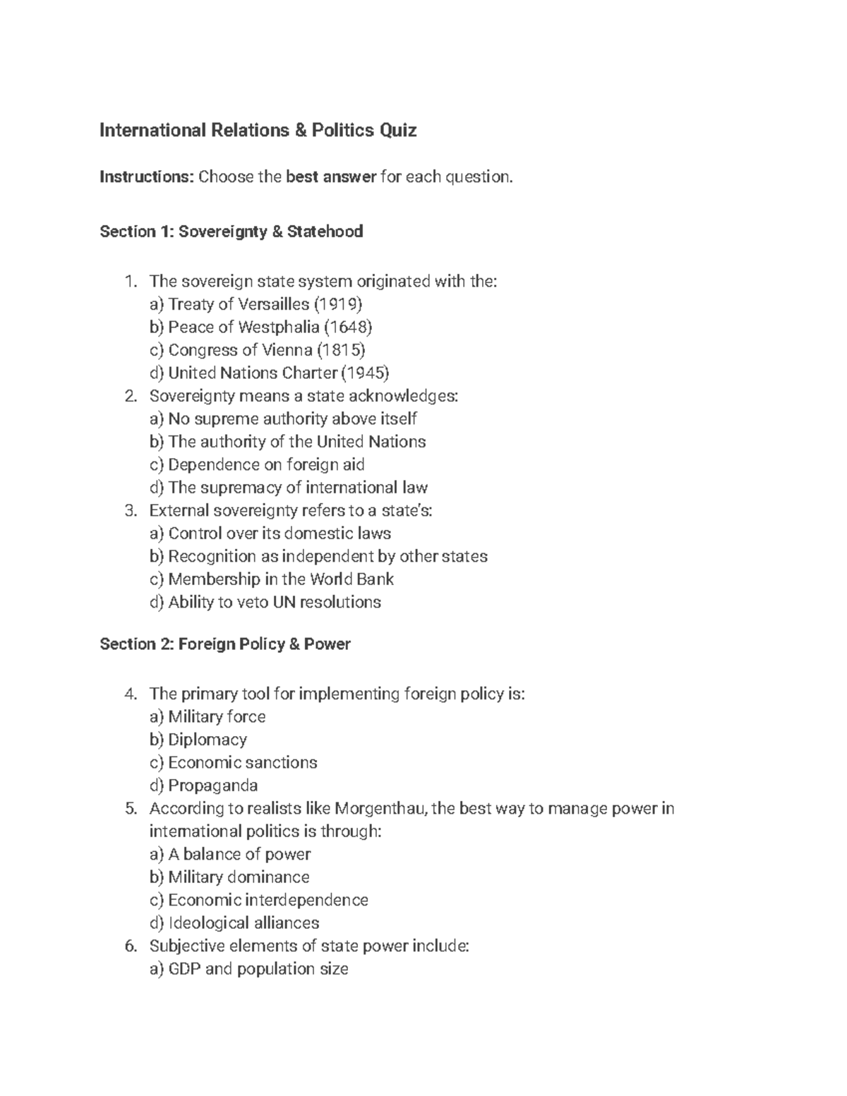 International Relations & Politics Quiz Practice: Key Concepts ...