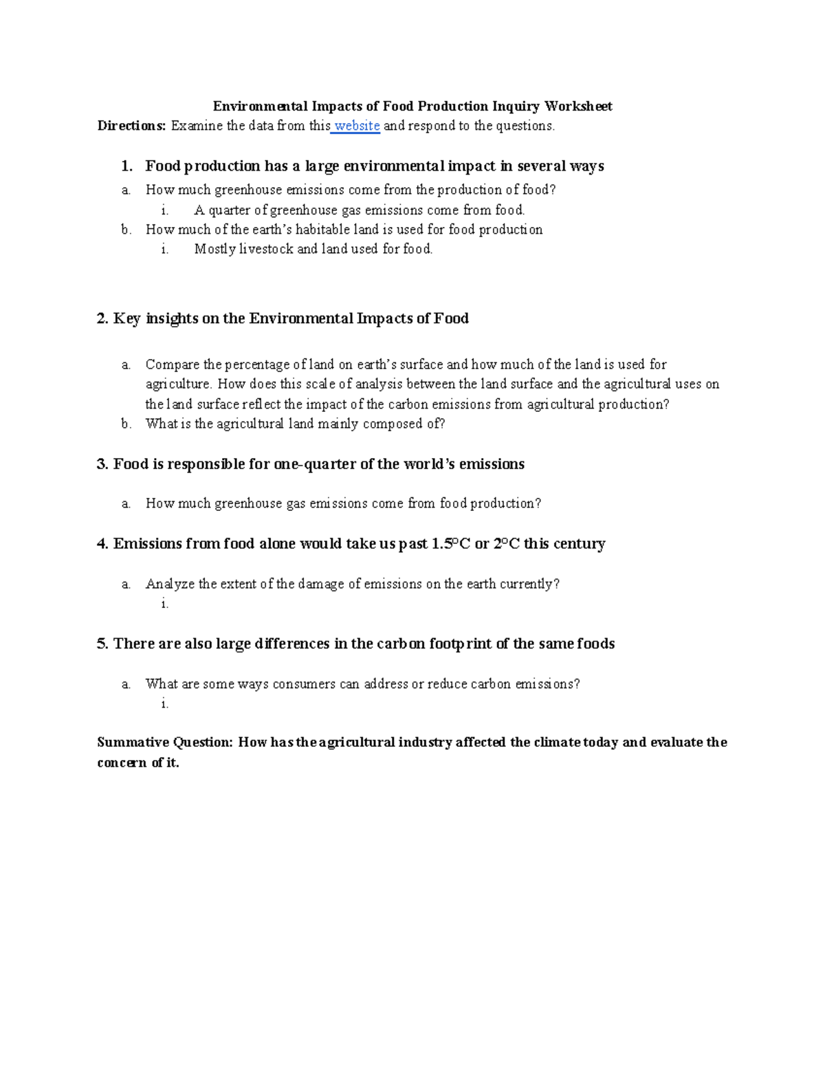 Environmental Impacts of Food Production Inquiry Worksheet - 1. Food ...