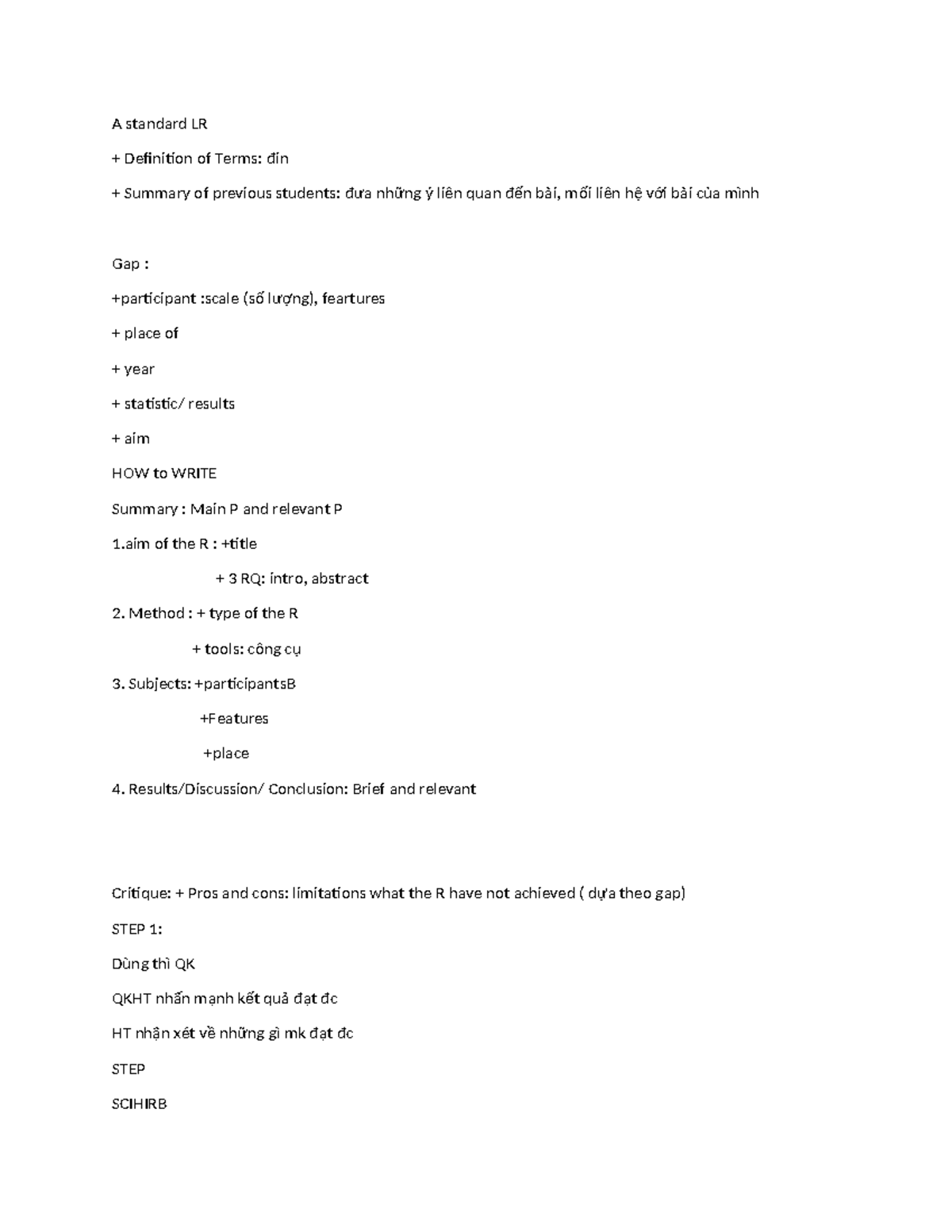 LR - Summary and Critique Framework for Research Studies - Studocu