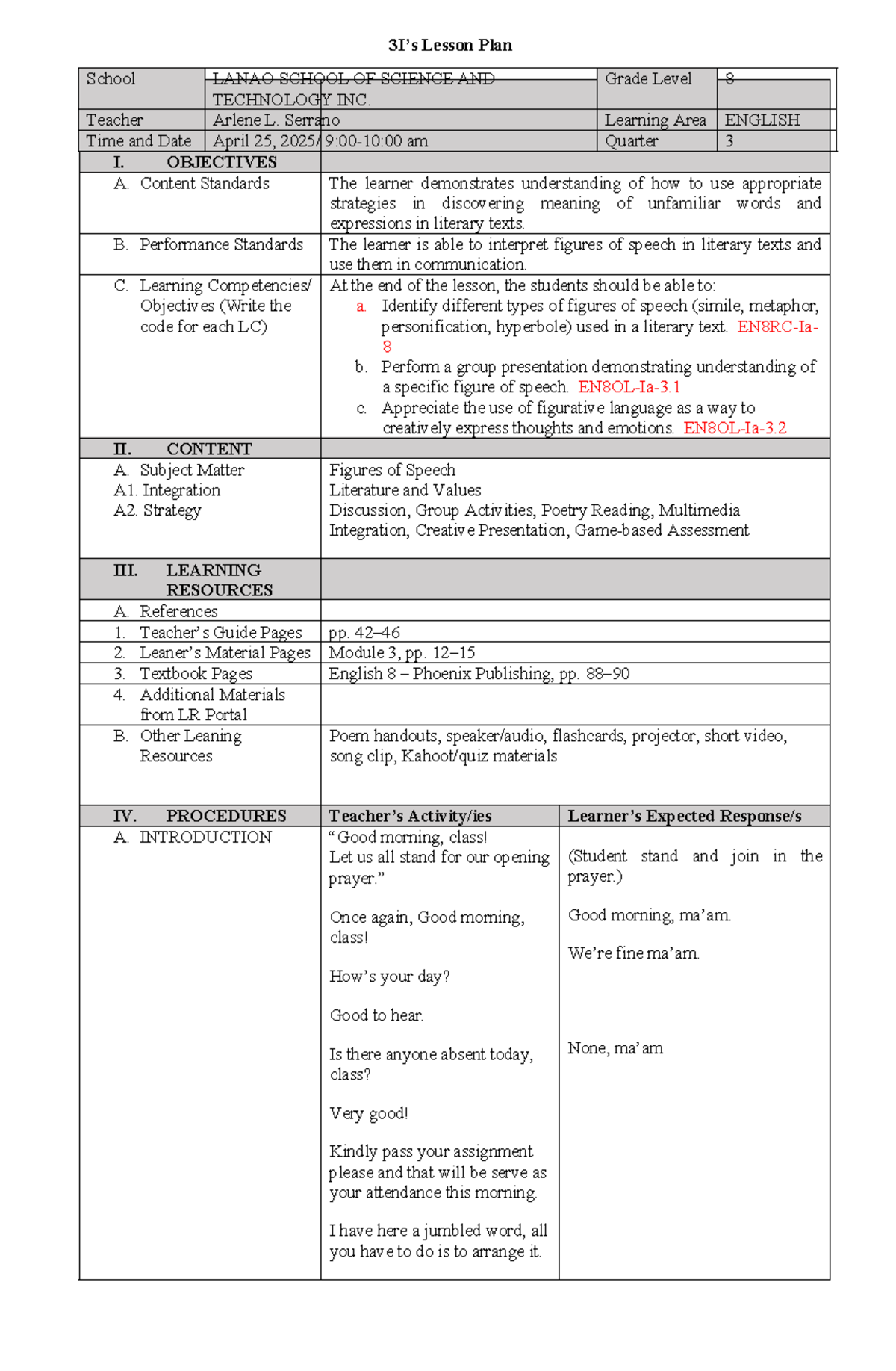 Lesson Plan: Figures of Speech for Grade 8 English (3I's) - Studocu