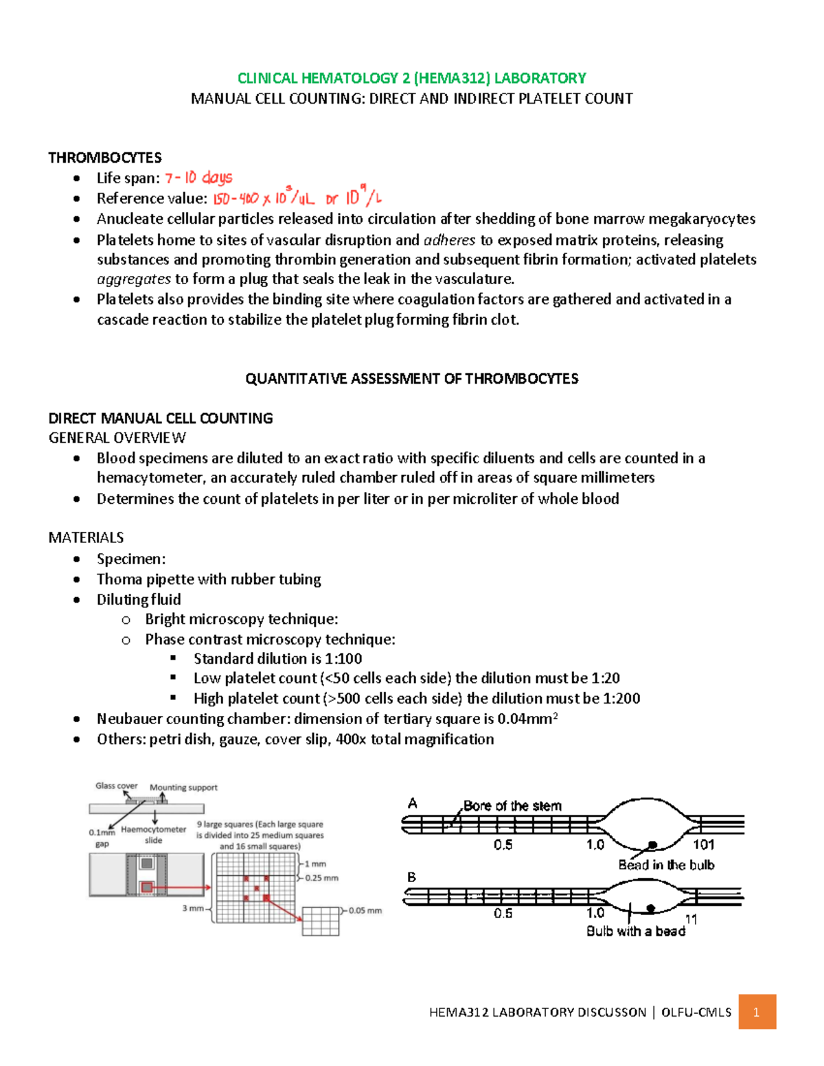 Direct and Indirect Platelet Counting Lab Manual (HEMA312) - Studocu