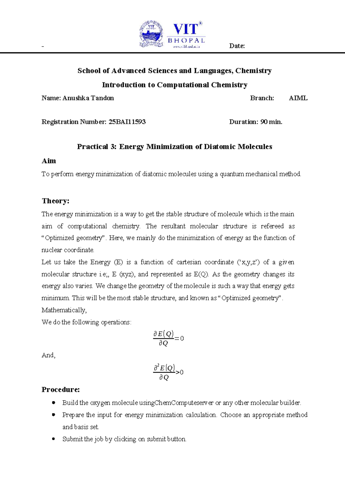 Lab Manual CHY1005: Practical 3 - Energy Minimization of Diatomic ...