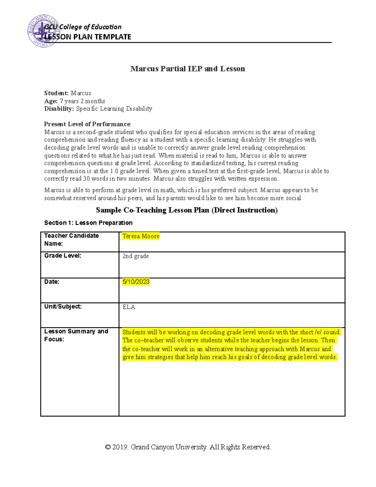 SPD 550 RS Lesson Plan for Marcus: IEP & Short /e/ Sound Focus - Studocu