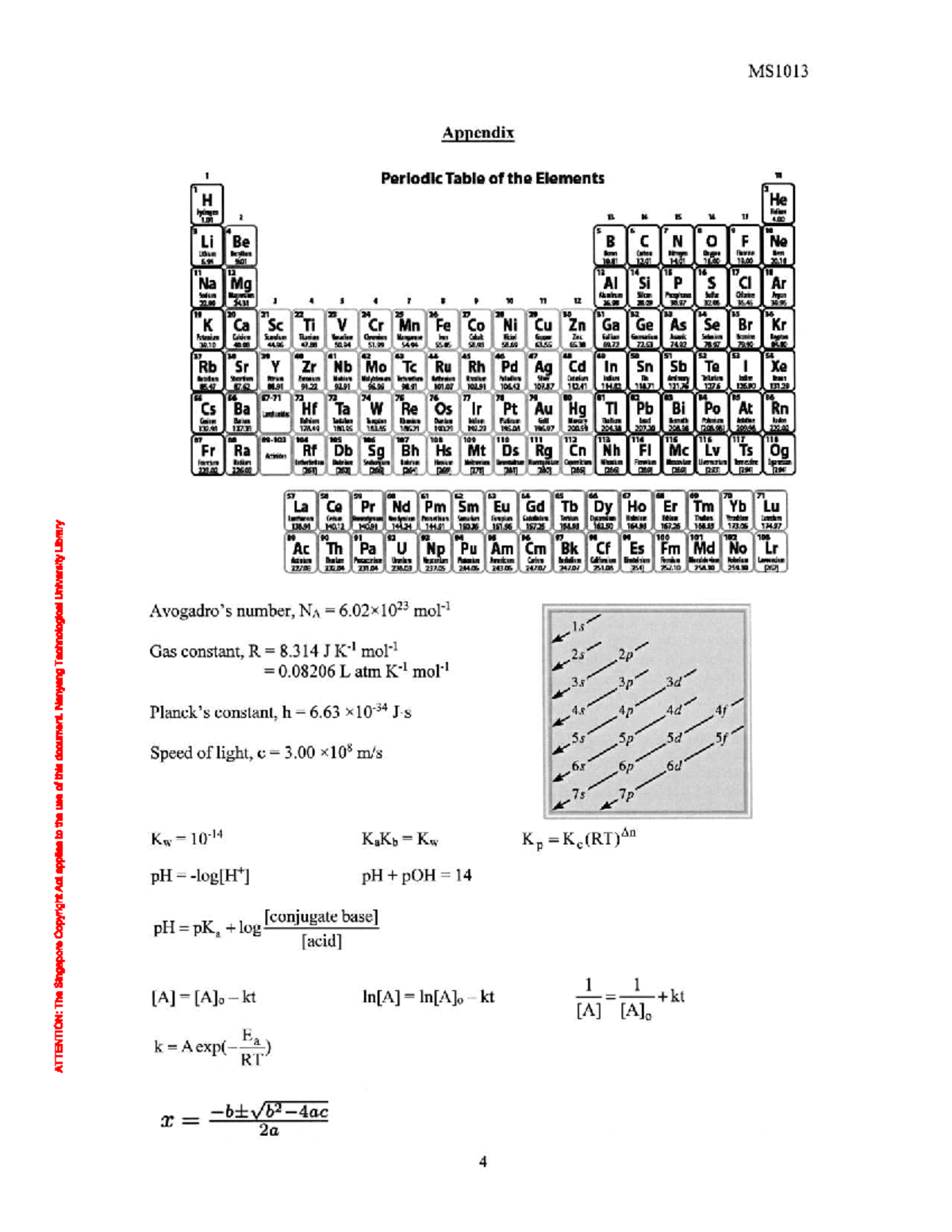 MS1013 Mat Chem Formula Sheet: Periodic Table & Constants - Studocu