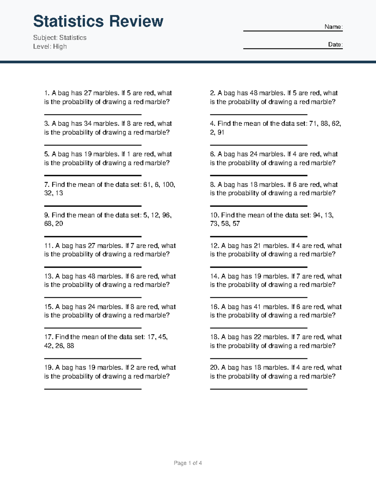 Statistics Review 3: Probability & Mean Calculations - Studocu