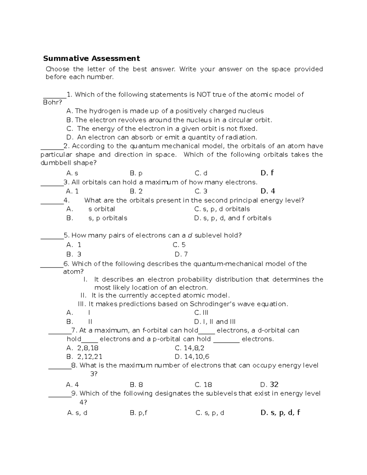 Summative Assessment - Atomic Model & Electron Configuration Study ...