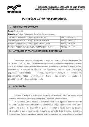 Portifolio - Prática Pedagógica: Desafios Contemporâneos - PORTFÓLIO DA PRÁTICA PEDAGÓGICA ...