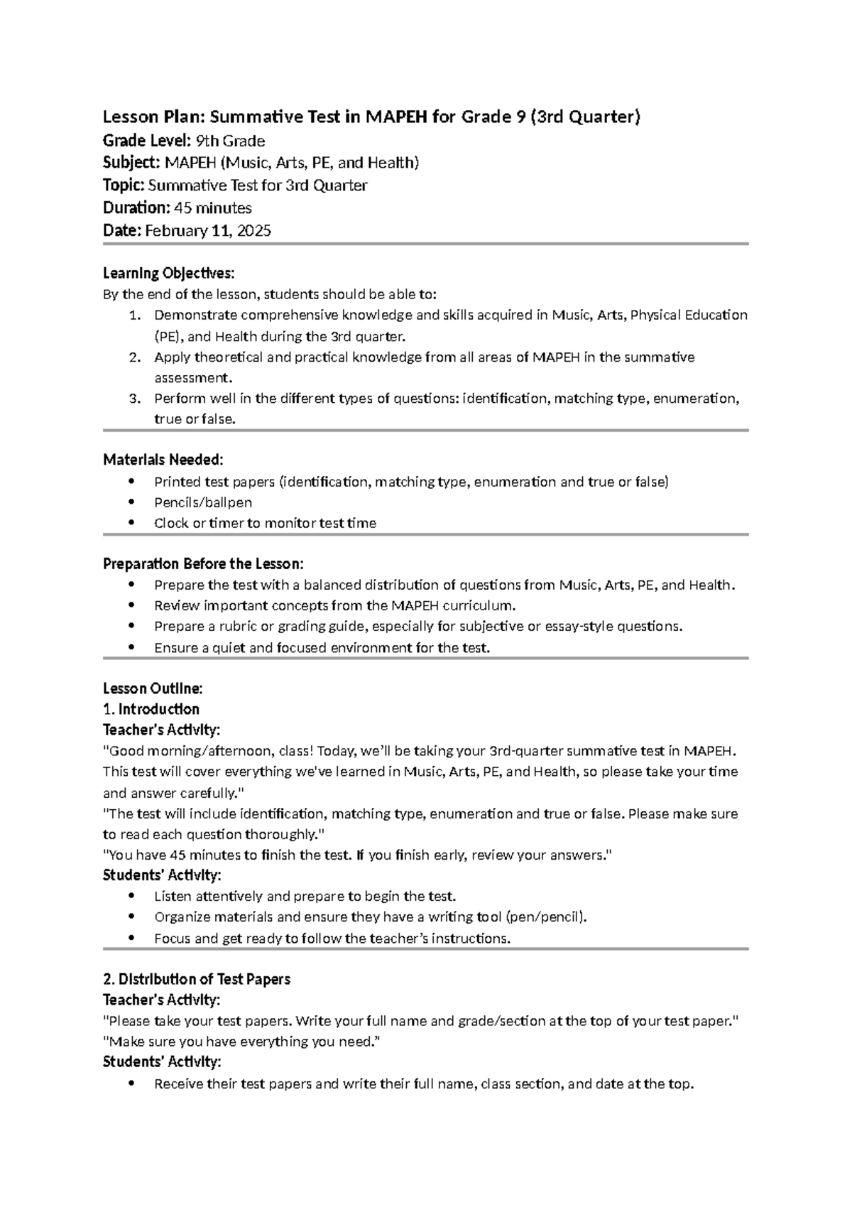 MAPEH 9: Lesson Plan for 3rd Quarter Summative Test - Studocu