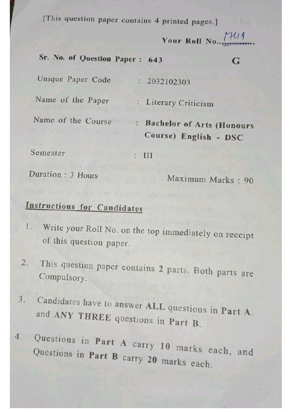 Literary Criticism - BA (Hons) English DSC Question Paper 2032102303 ...