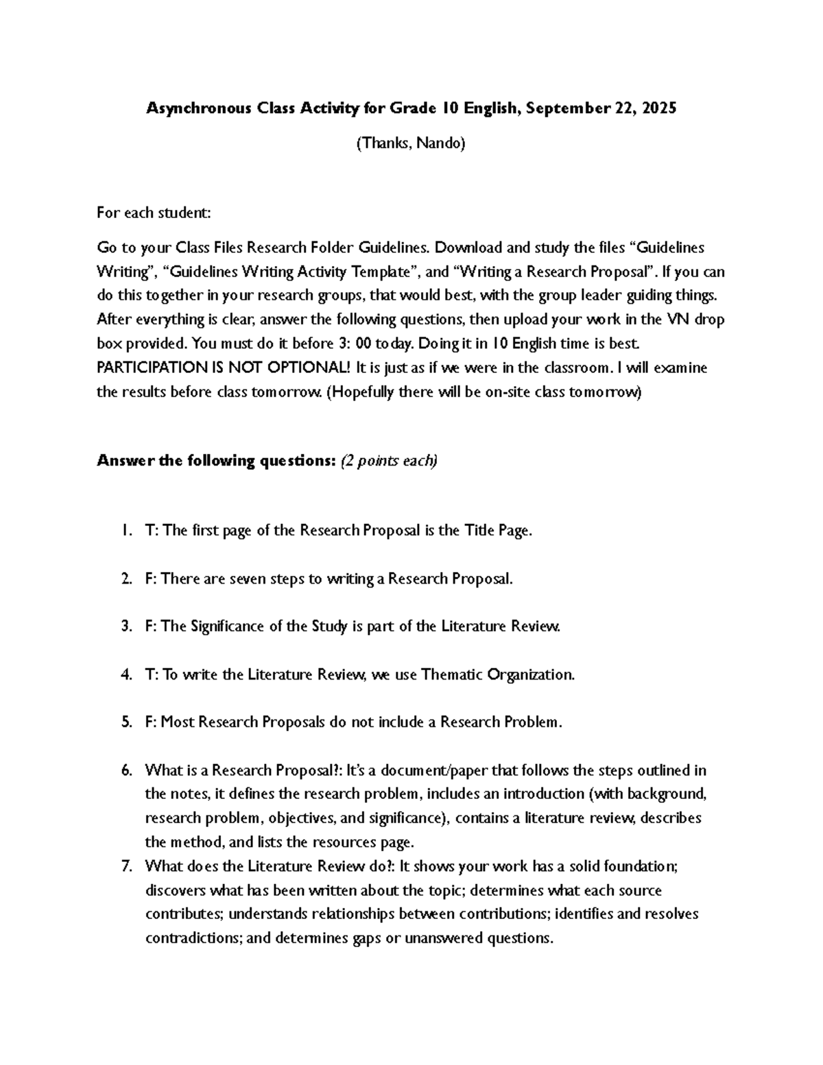 Grade 10 English Asynchronous Activity - Research Proposal Guide - Studocu
