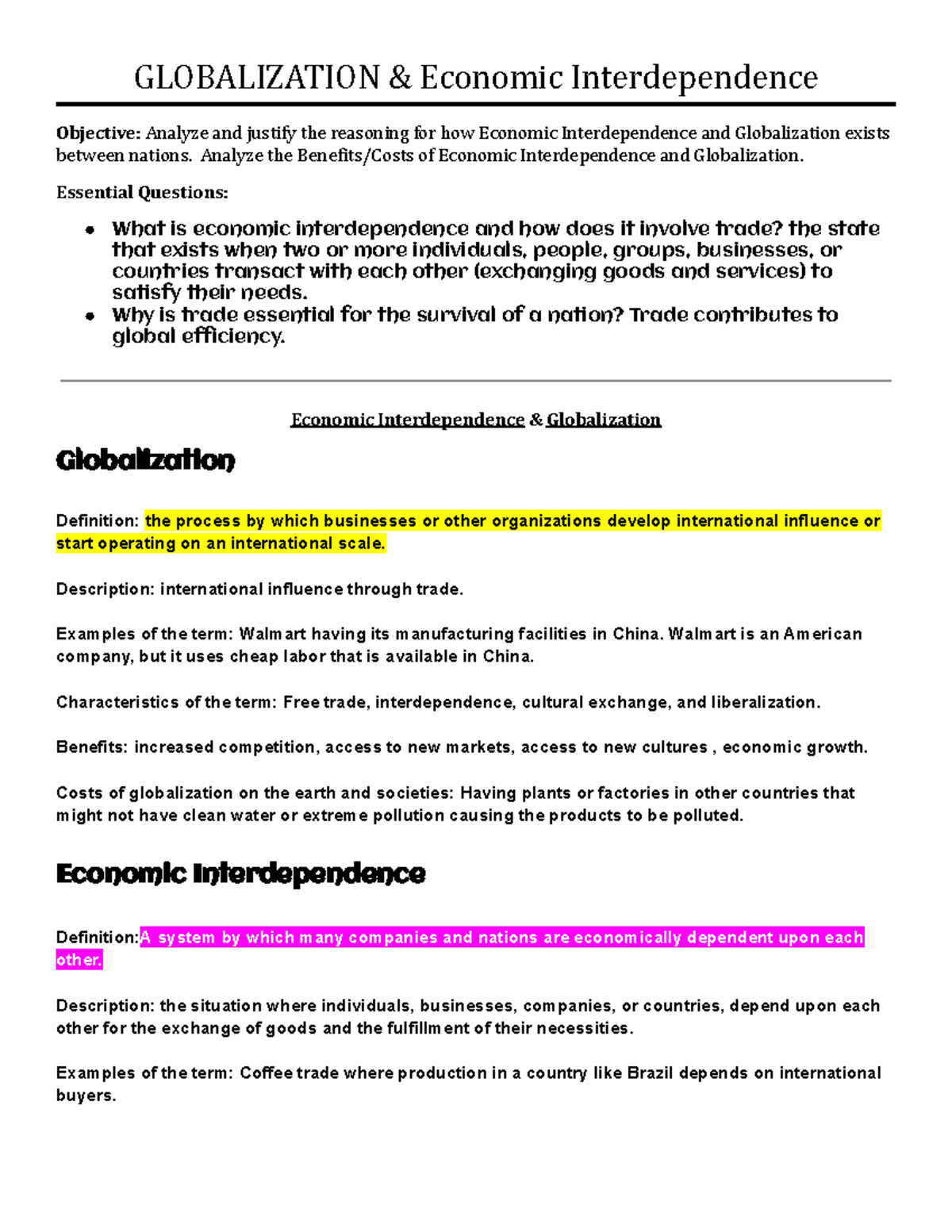 Economic Interdependence & Globalization Review - Course Code ...