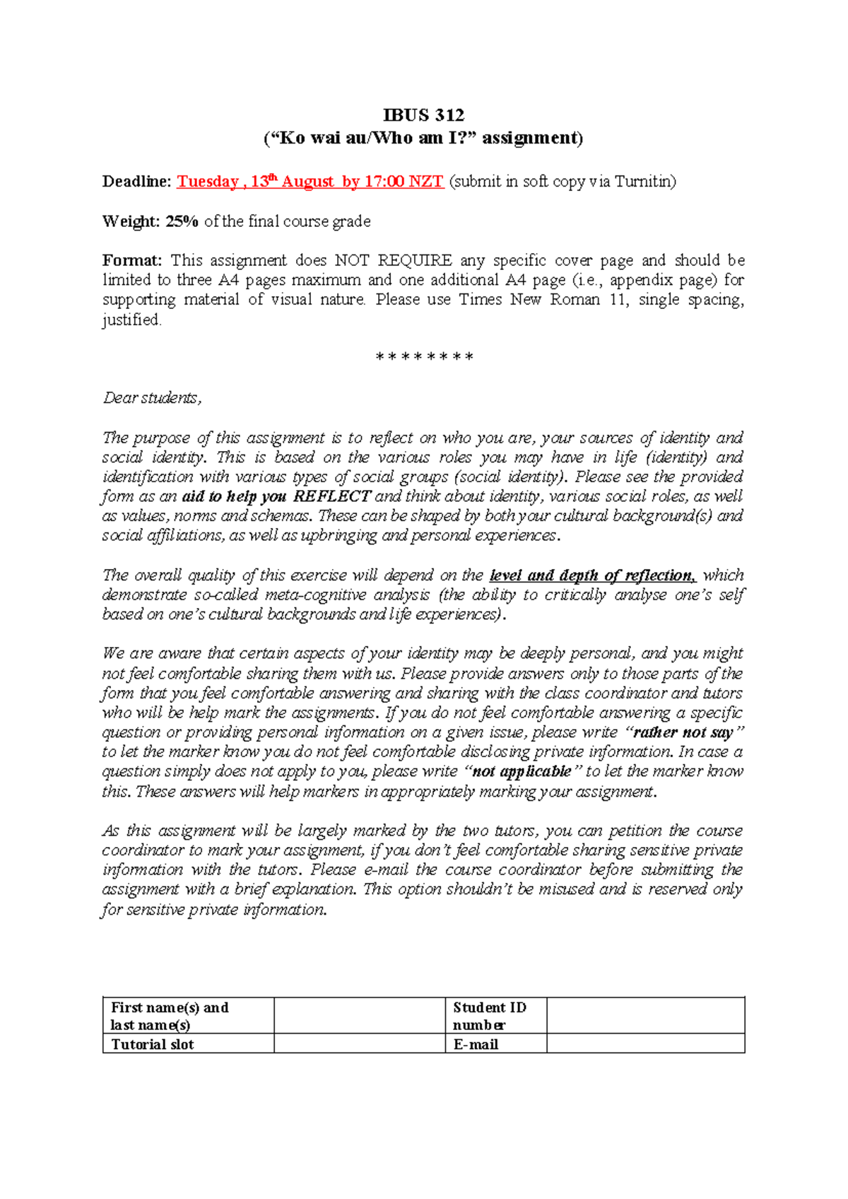 IBUS 312 Assignment 1 - Who am I assignment 2024 - IBUS 312 (“Ko wai au ...