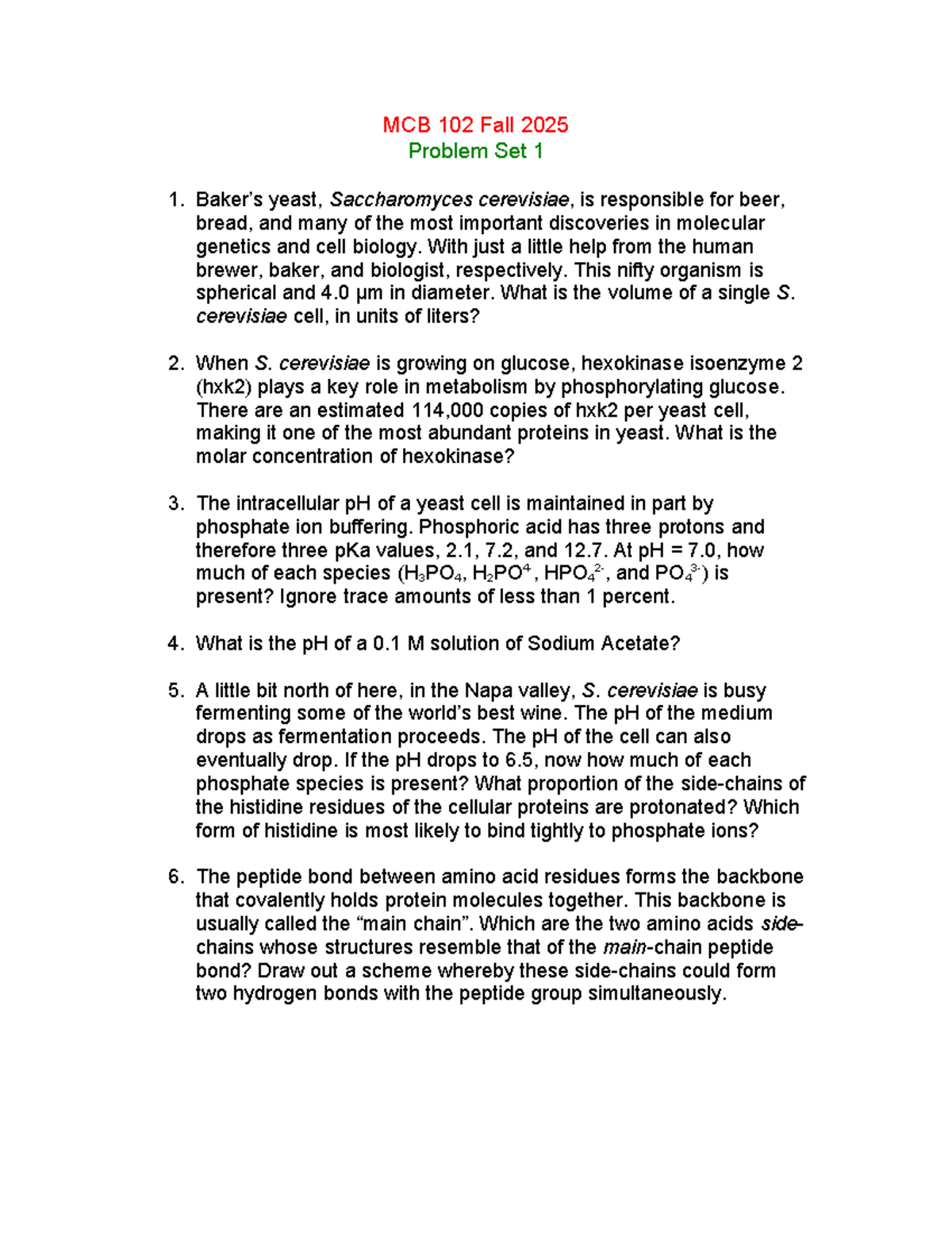 MCB 102 Fall 2025 Problem Set 1: Yeast Metabolism & pH Calculations ...