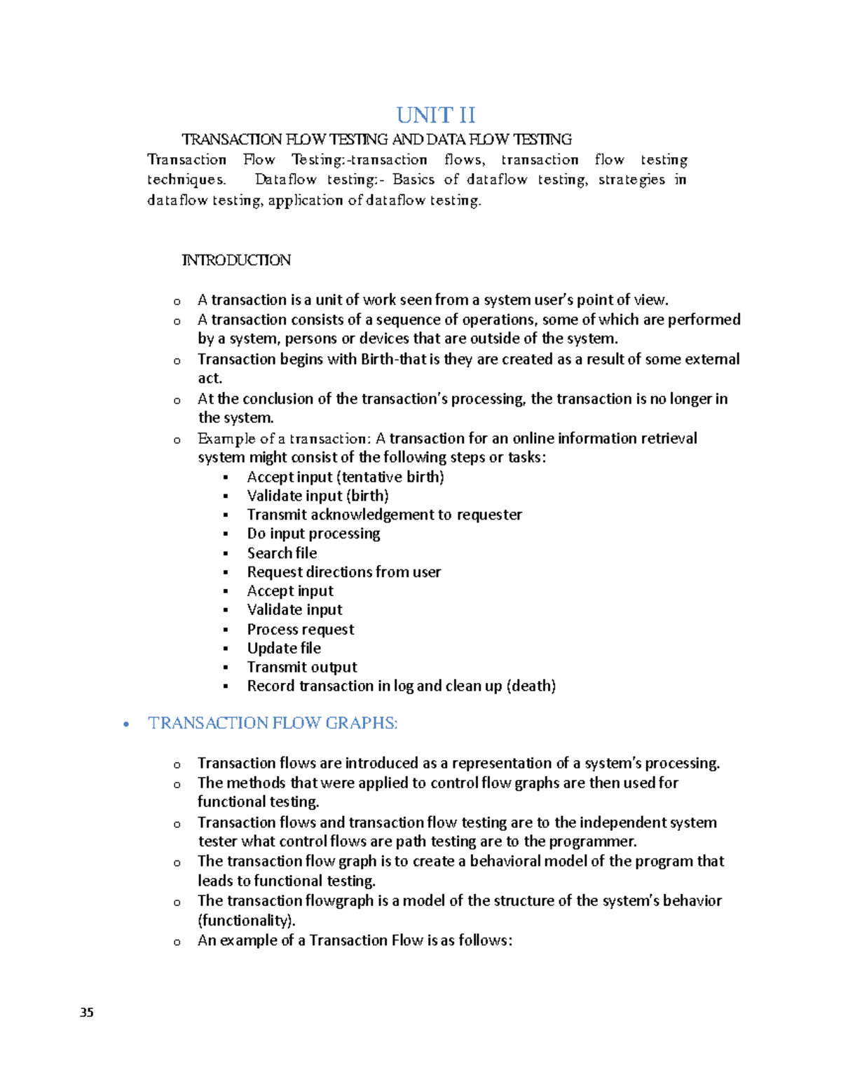 STM UNIT II: Transaction Flow & Data Flow Testing Techniques - Studocu